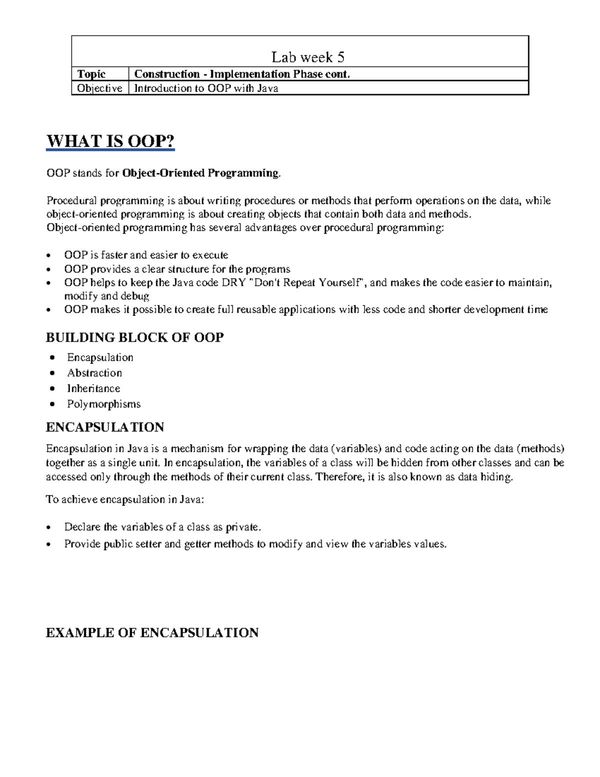 Lab Week 5 - OOP Concepts in Java: Encapsulation, Inheritance, and More - Studocu