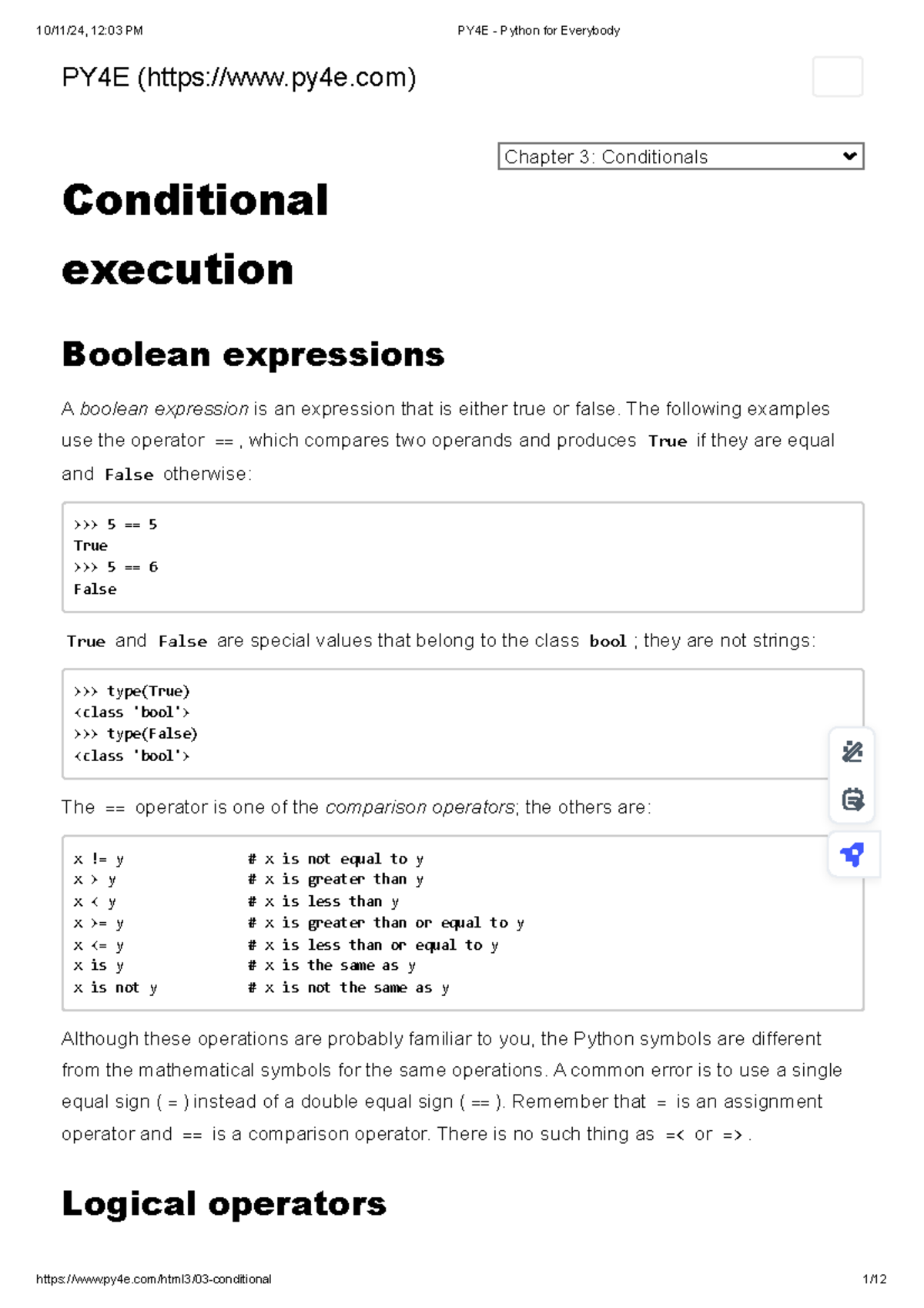 PY4E - Python for Everybody 3 - Chapter 3: Conditionals Conditional execution Boolean ...