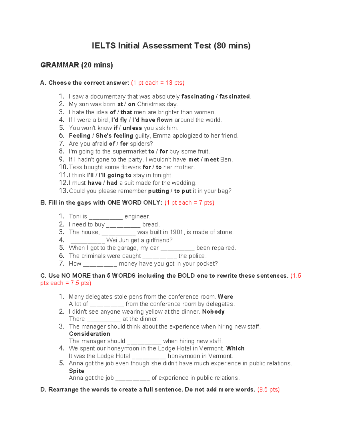 IELTS Initial Assessment Test: Grammar & Vocabulary Practice - Studocu
