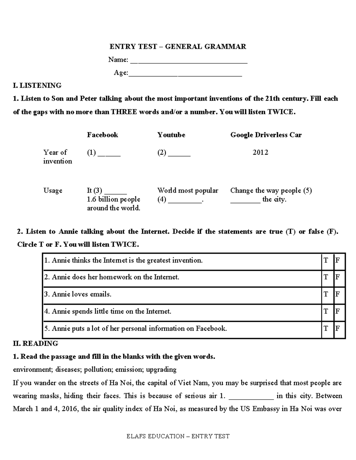 ELAFS EDUCATION ENTRY TEST: General Grammar Assessment - Studocu