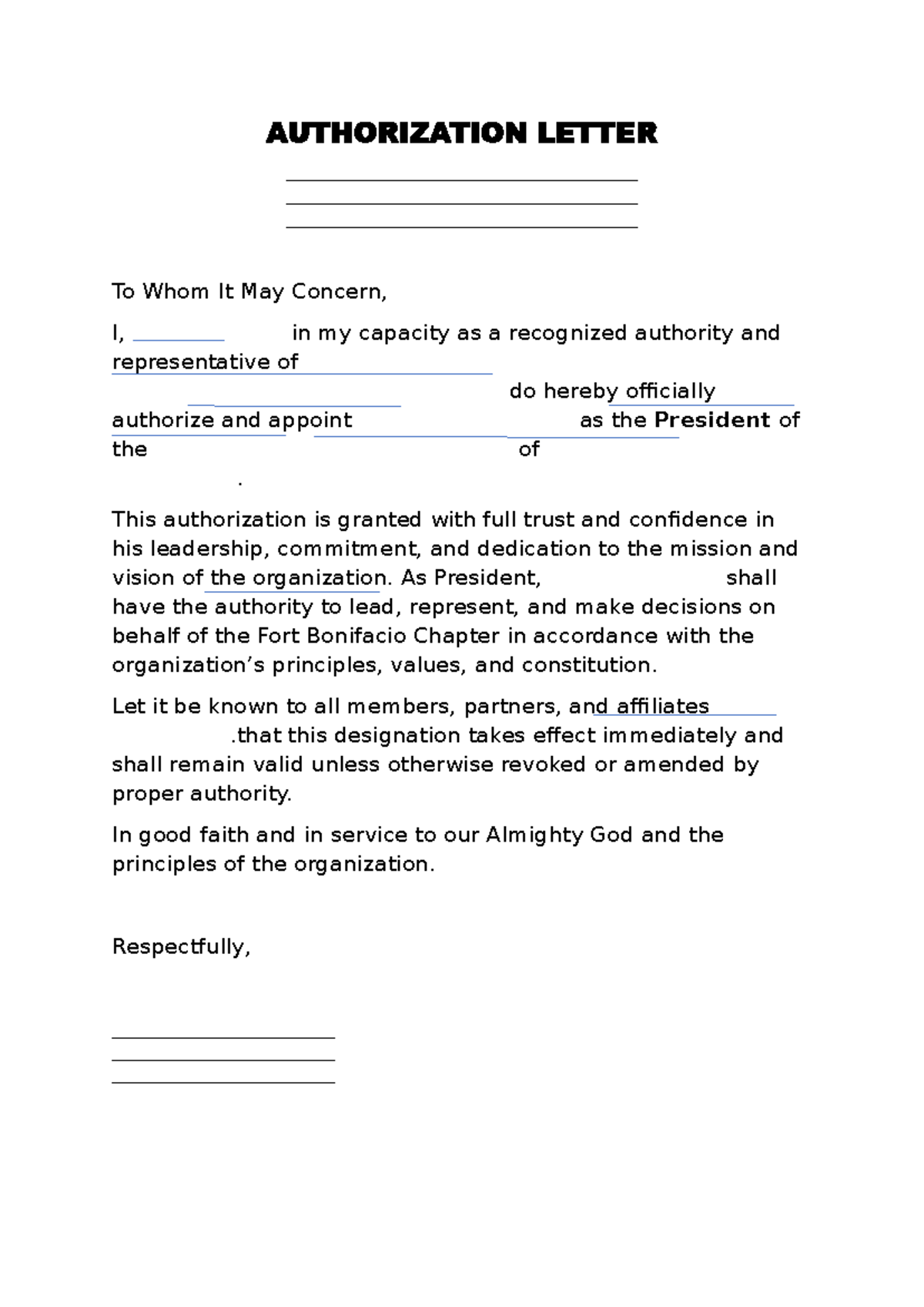 Authorization Letter for President Appointment of the Organization ...