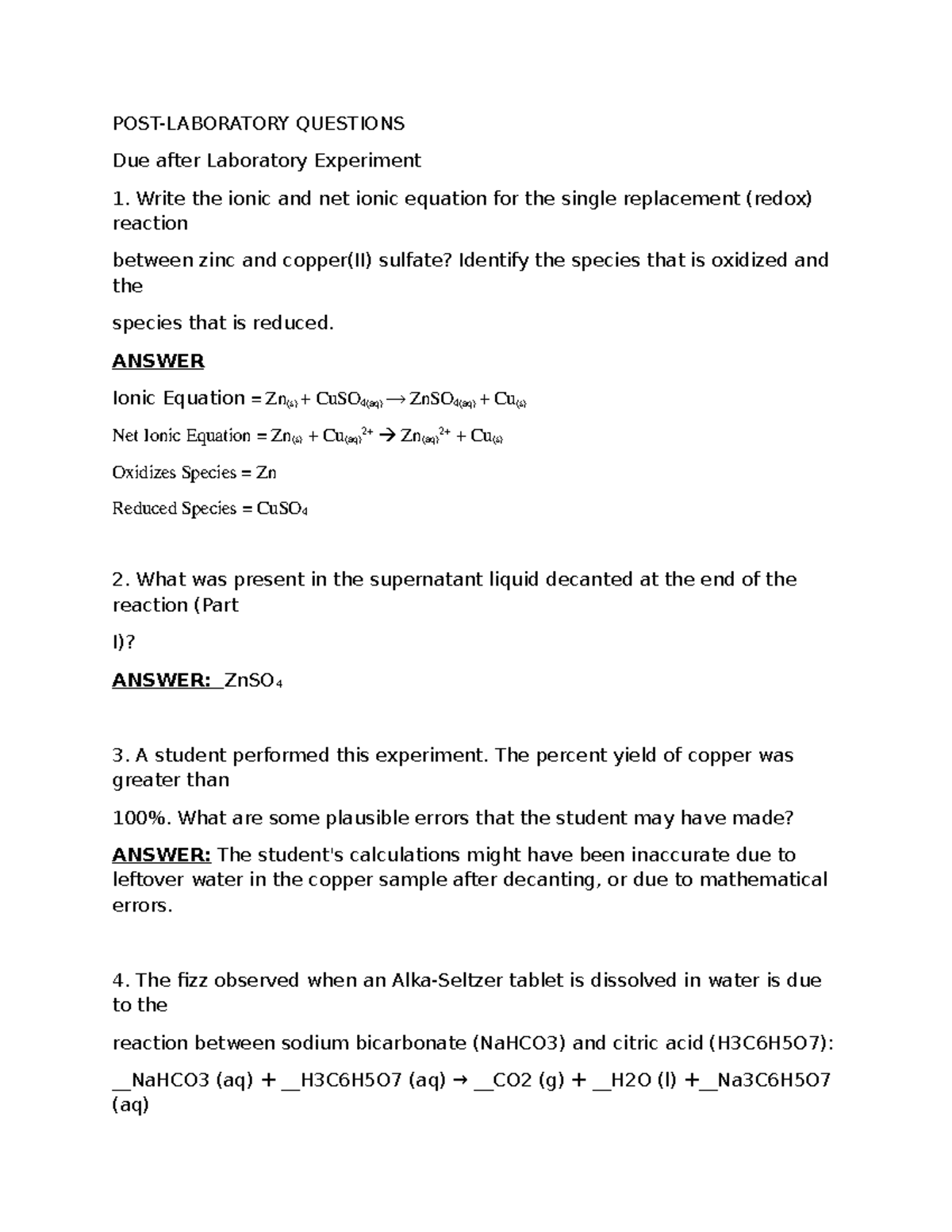 POST LAB Questions & Answers for Lab Exp 1 (CHEM 101) - Studocu