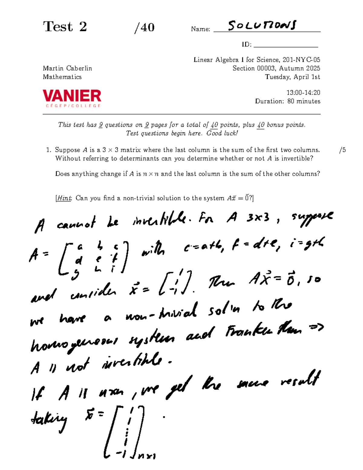 2025 NYC3 Test 2 Solutions: Linear Algebra I for Science - Studocu