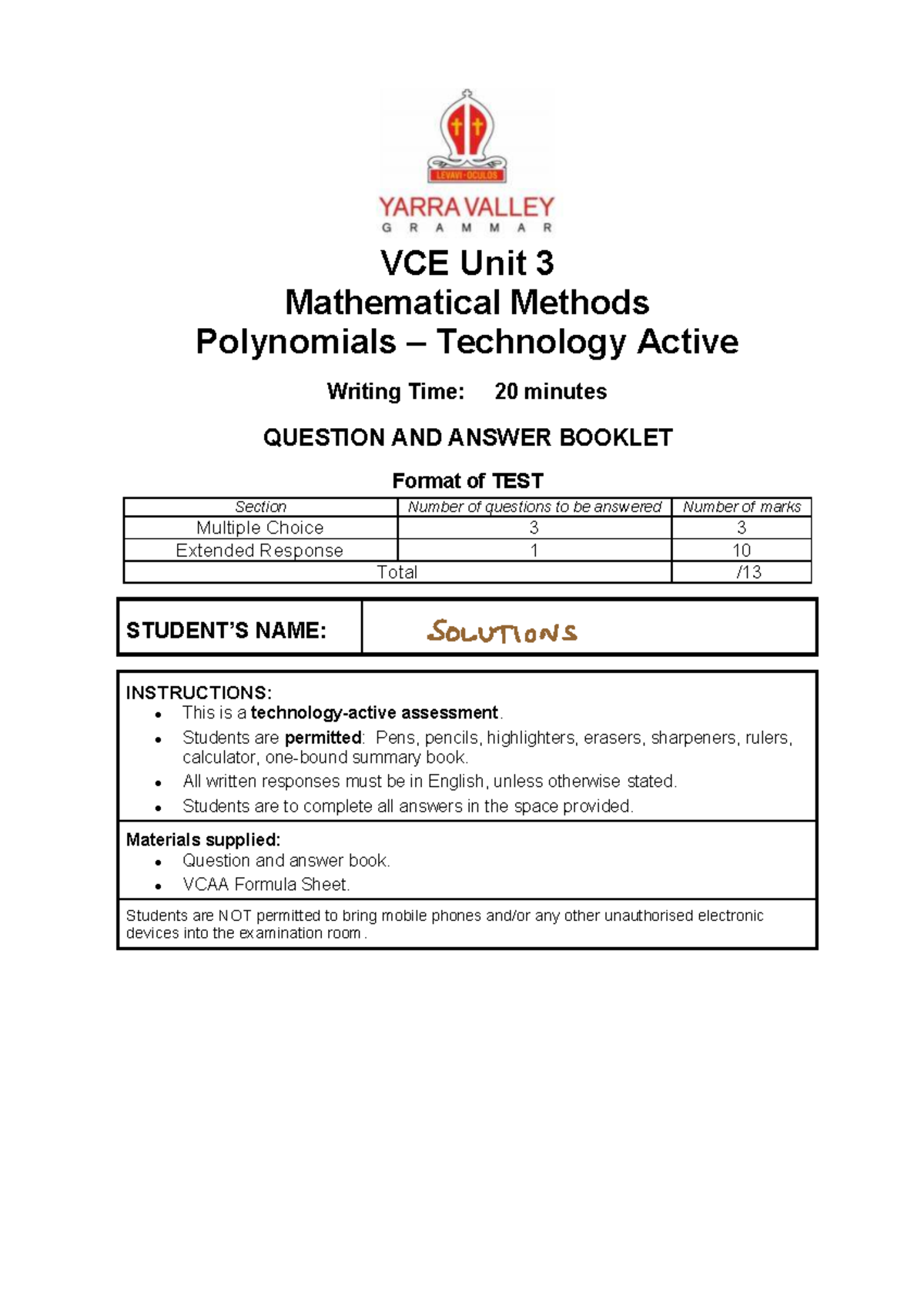 12MET Polynomials Topic Test: Active Solutions Guide - Studocu