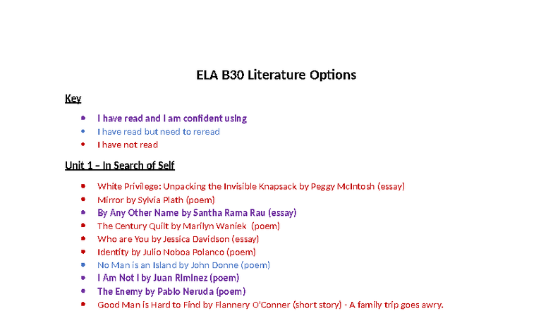 ELA B30 Literature Options - ELA B30 Literature Options Key I have read ...