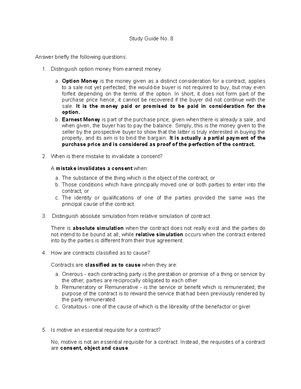Oblicon 5 Study Guide: Essential Provisions of Contracts and Principles ...