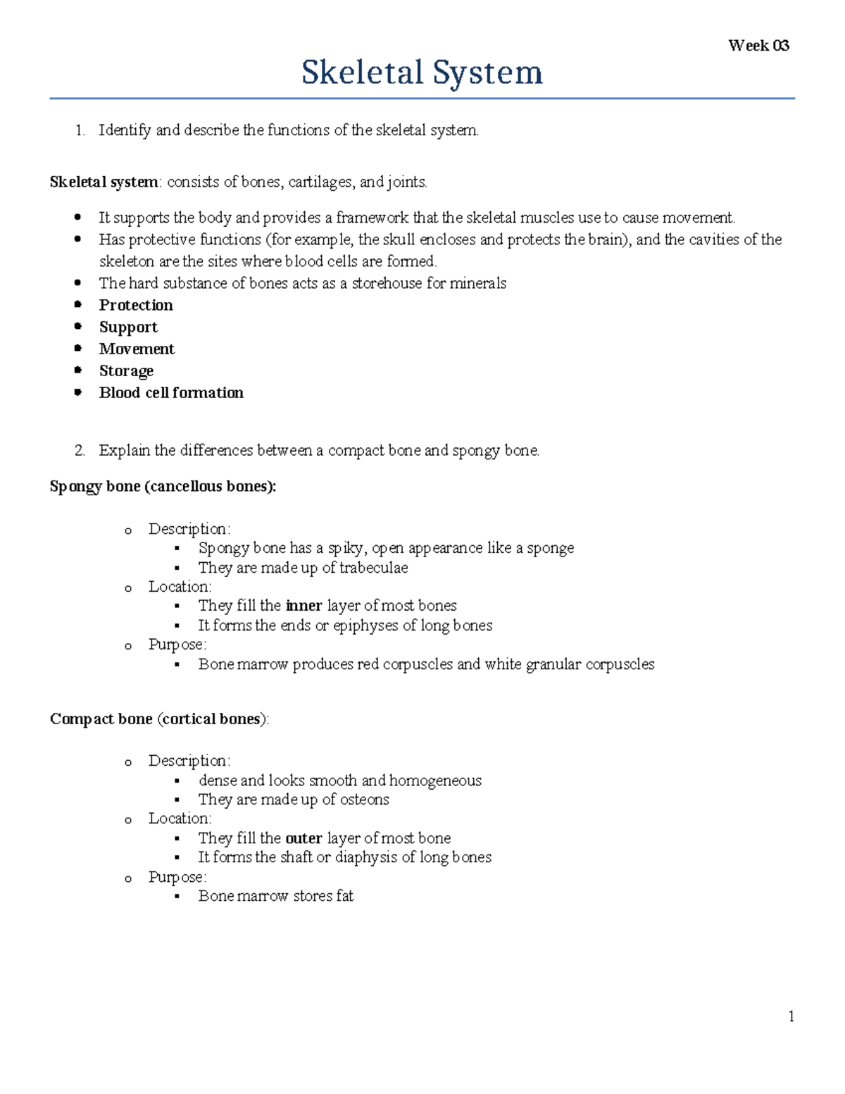 Week 3 ANAT 113 Skeletal System Study Notes & Key Concepts - Studocu