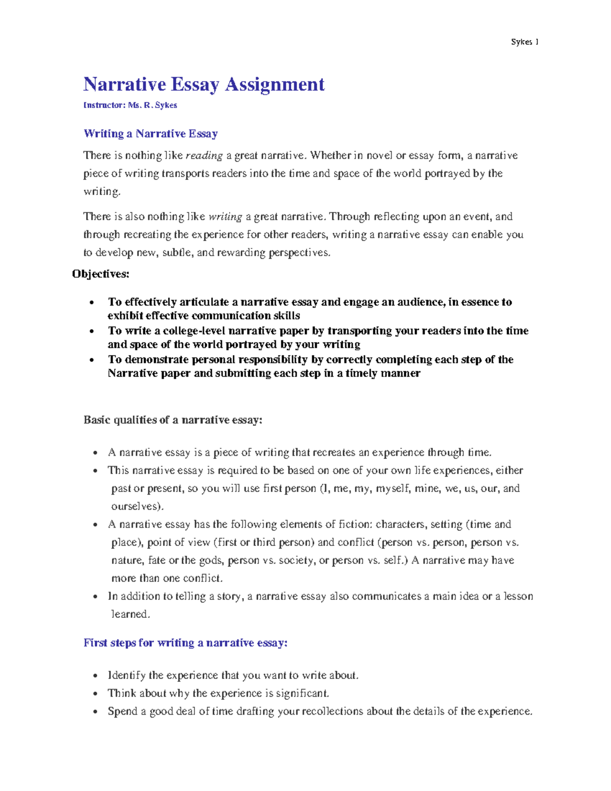 Engl 1301 PDF E 1 Narrative Essay - Narrative Essay Assignment ...