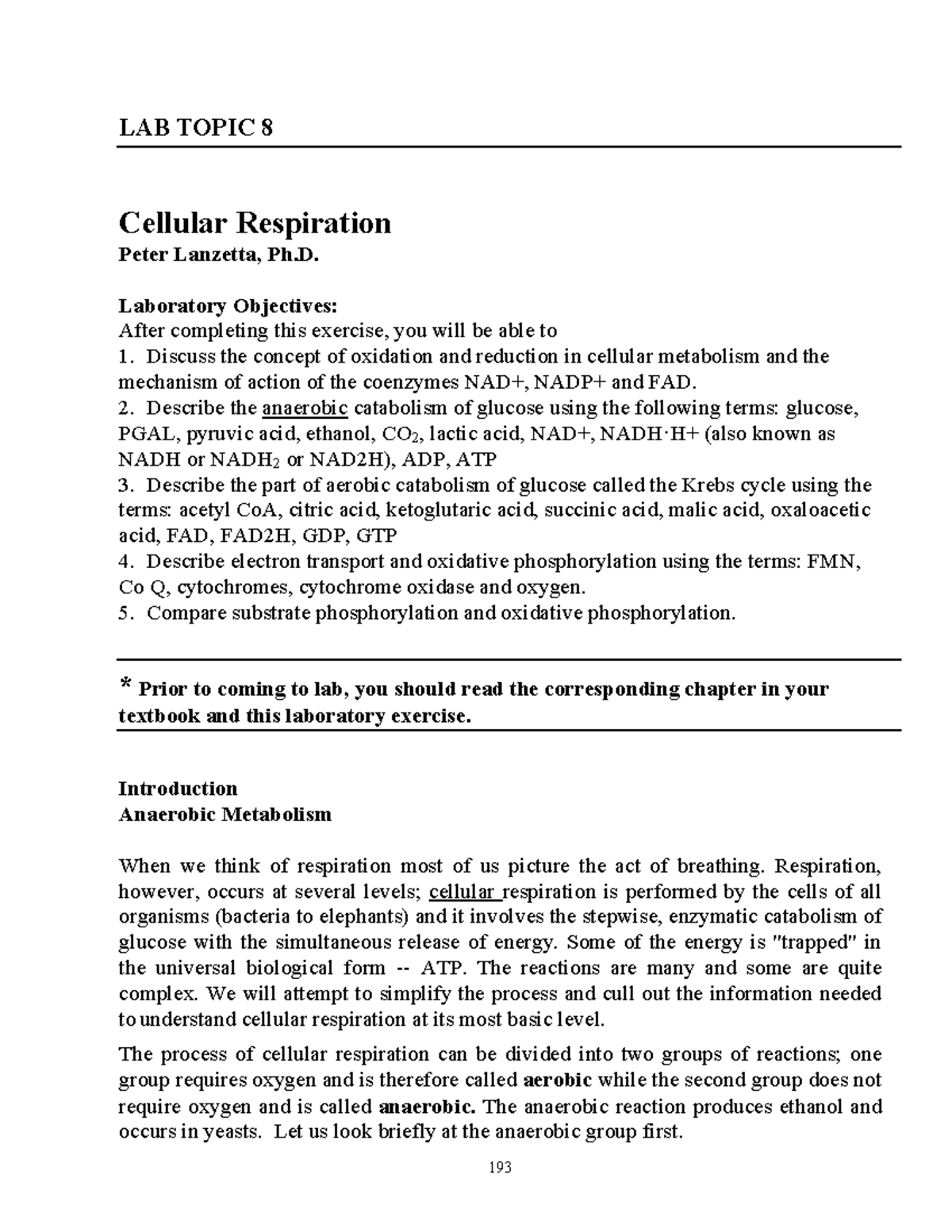 Lab Exercise: Anaerobic vs Aerobic Respiration Overview (Bio 101) - Studocu