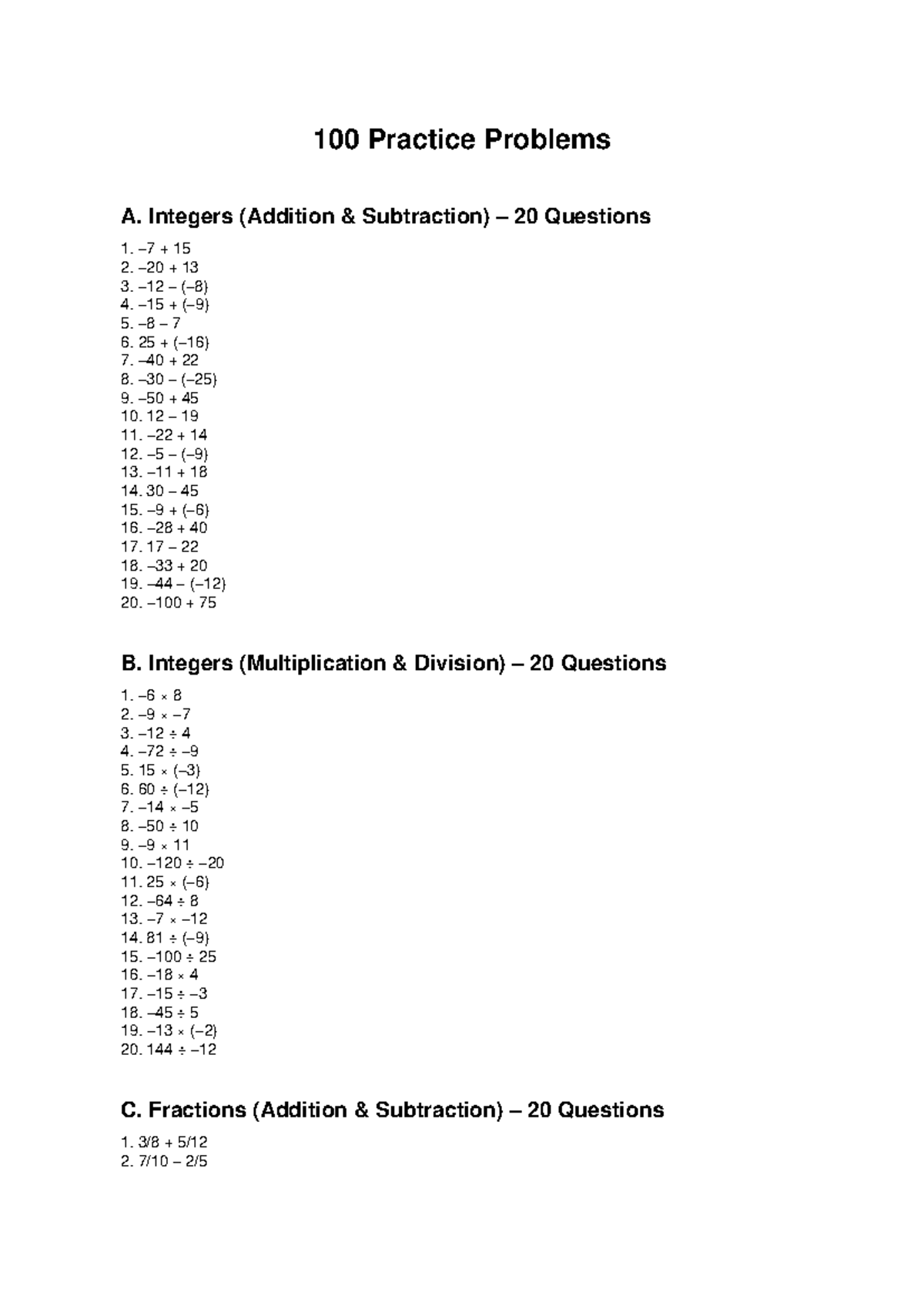 Math Practice: 100 Questions on Integers, Fractions & Operations - Studocu
