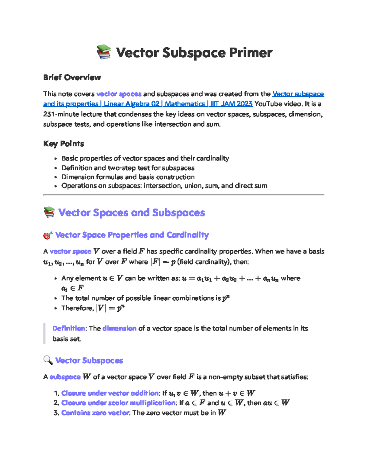 Vector Subspace Overview: Key Concepts in Linear Algebra 02 IIT JAM ...
