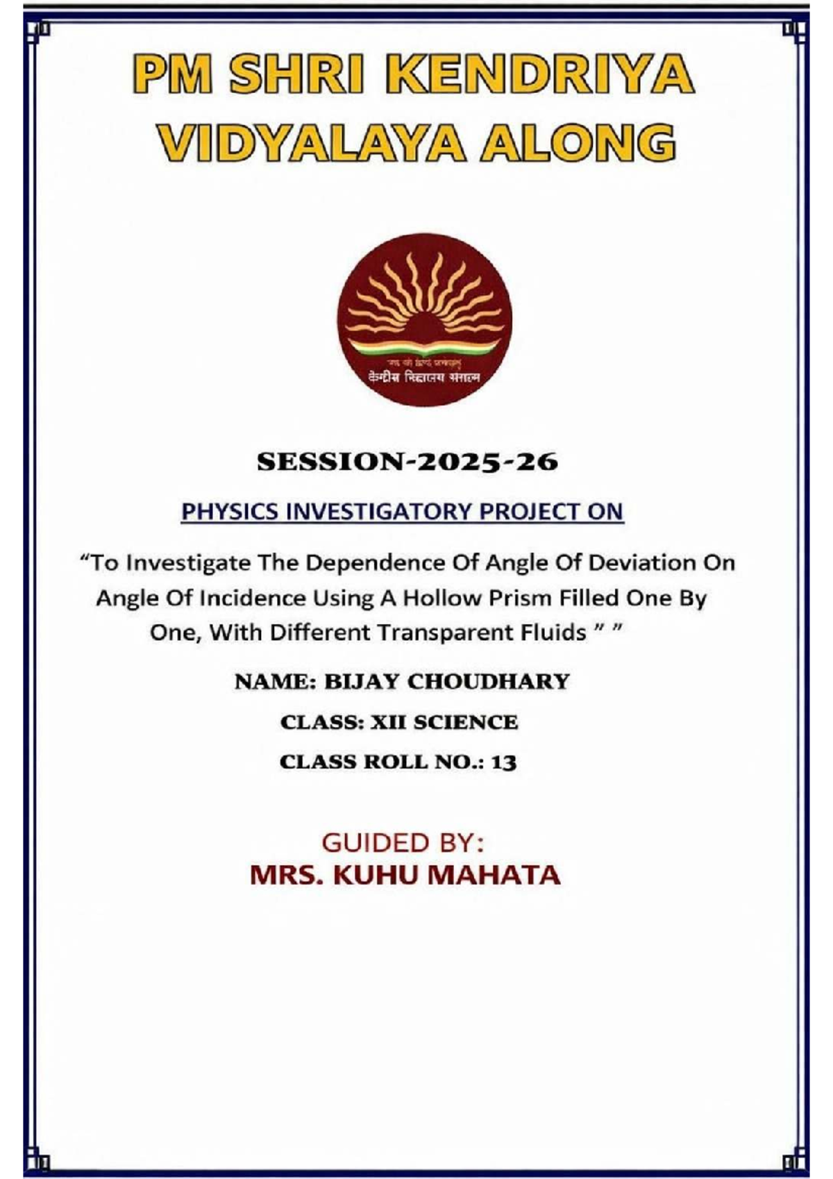 Investigatory Project on Angle Deviation & Incidence in Physics - XII ...
