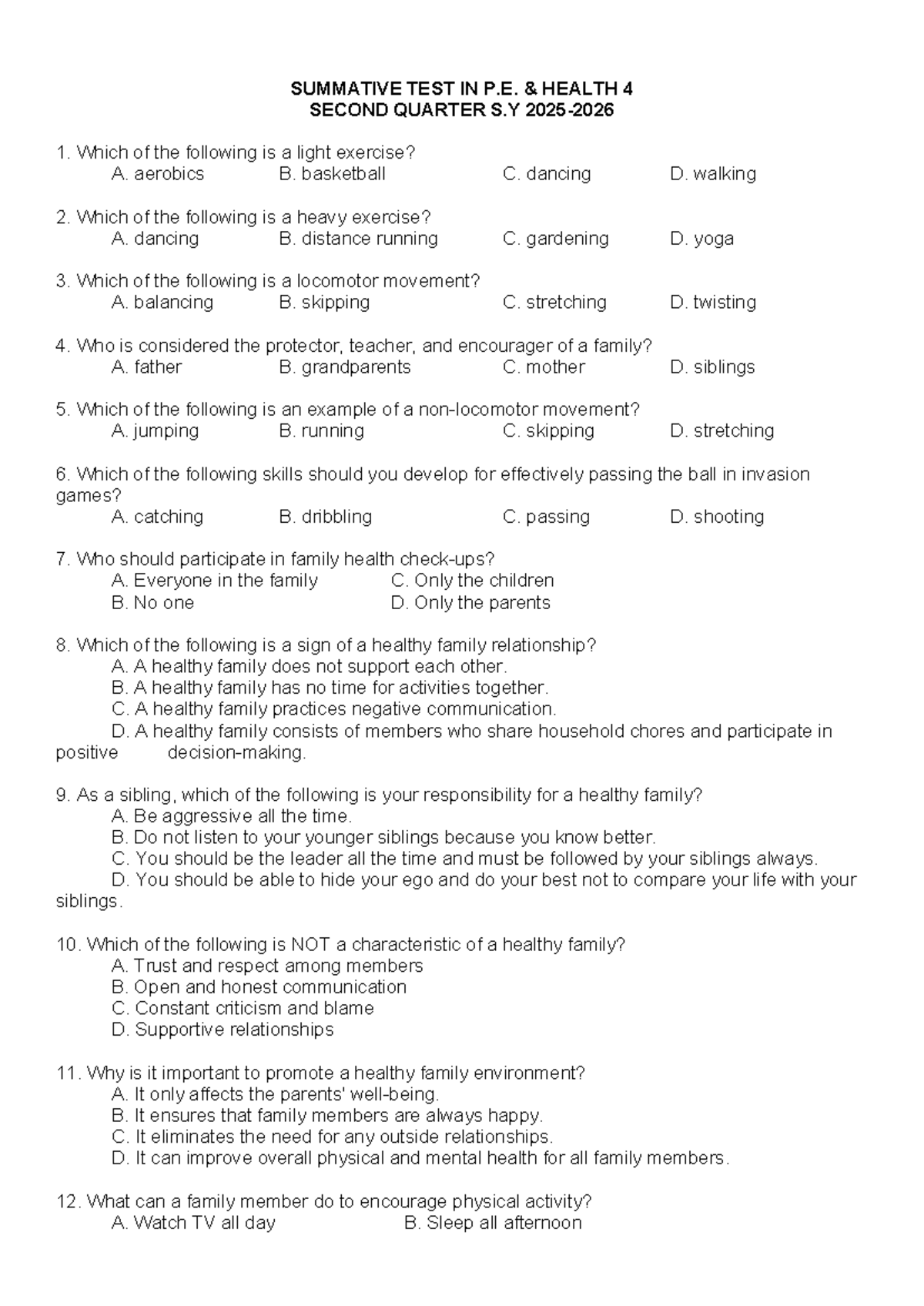Summative Test in P.E. Health 4 - 2nd Quarter S.Y. 1 - Studocu