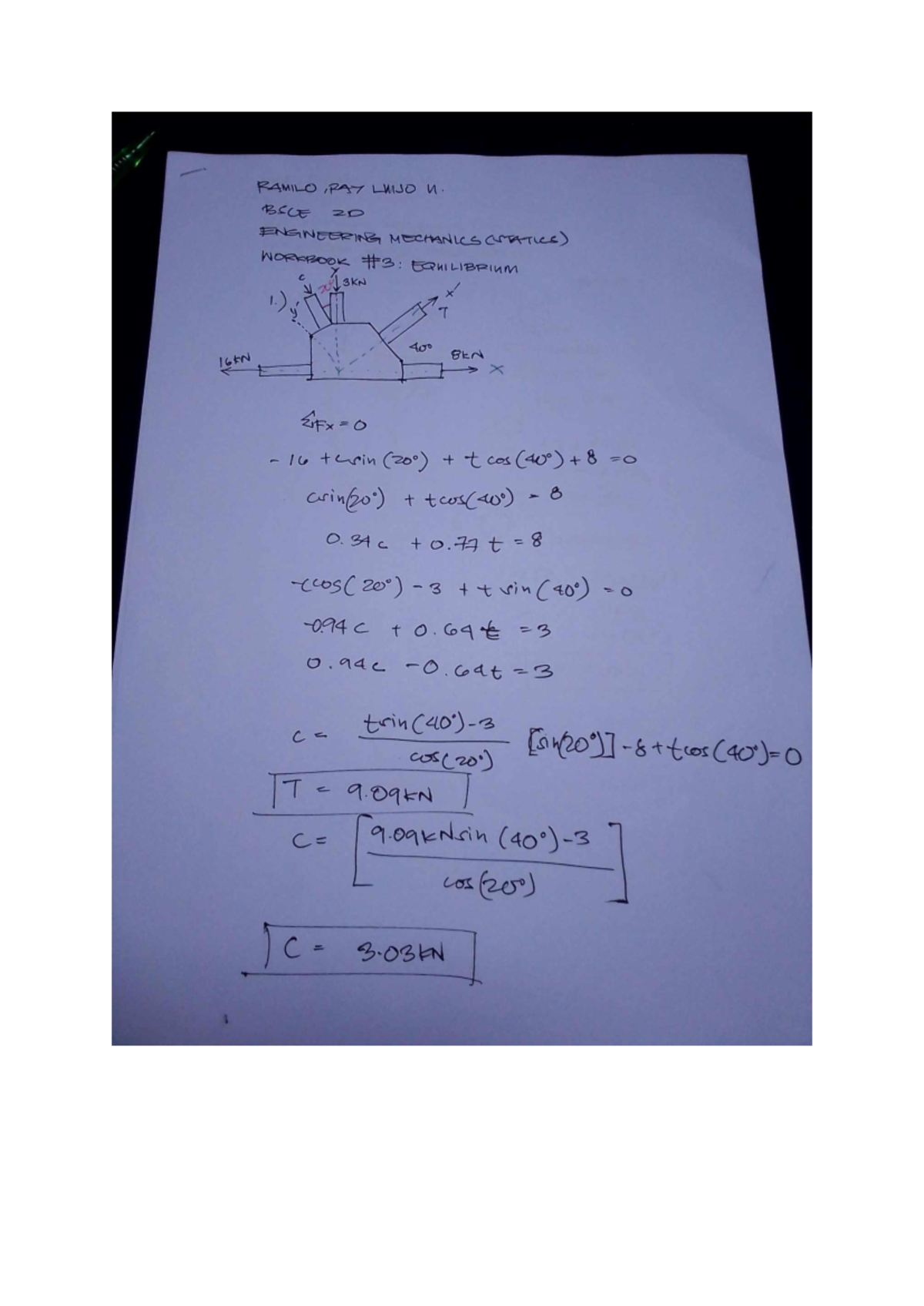 BSCE 2D Engineering Mechanics (Statics) Workbook 3: Equilibrium Notes ...