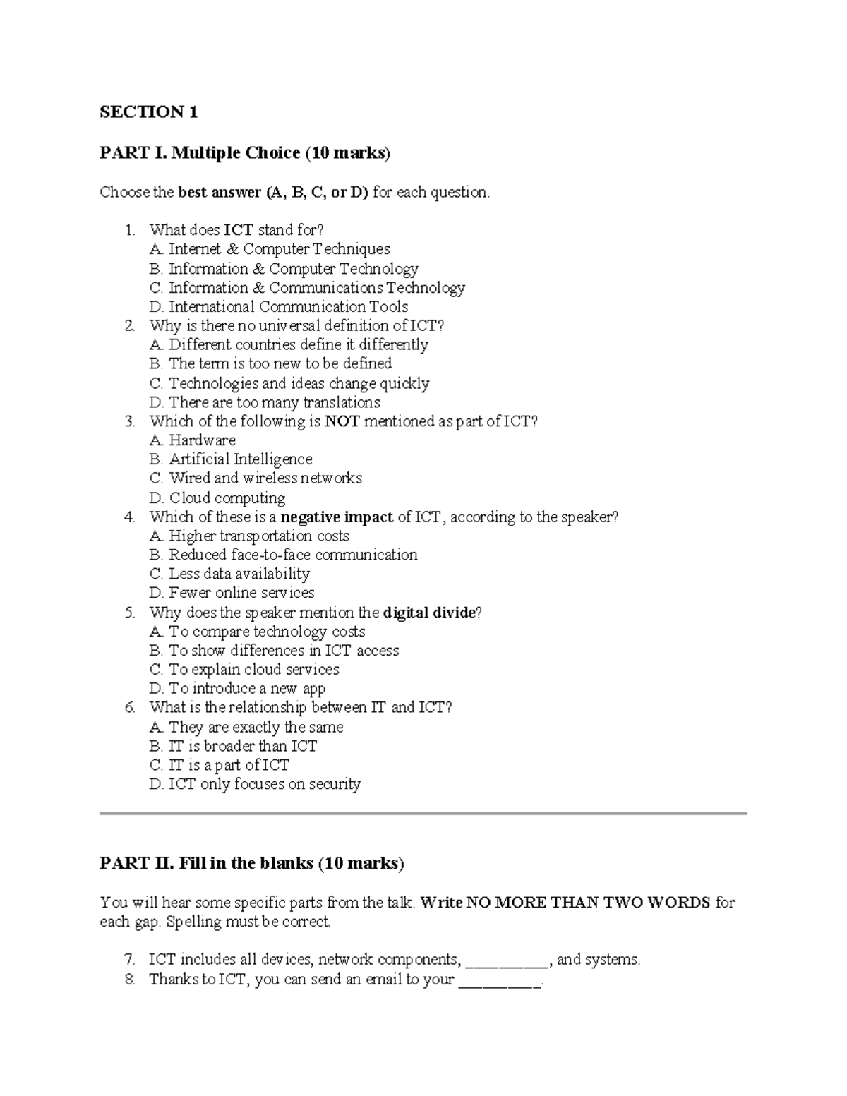 ICT 101: Listening Exam - Multiple Choice & Summary Completion - Studocu