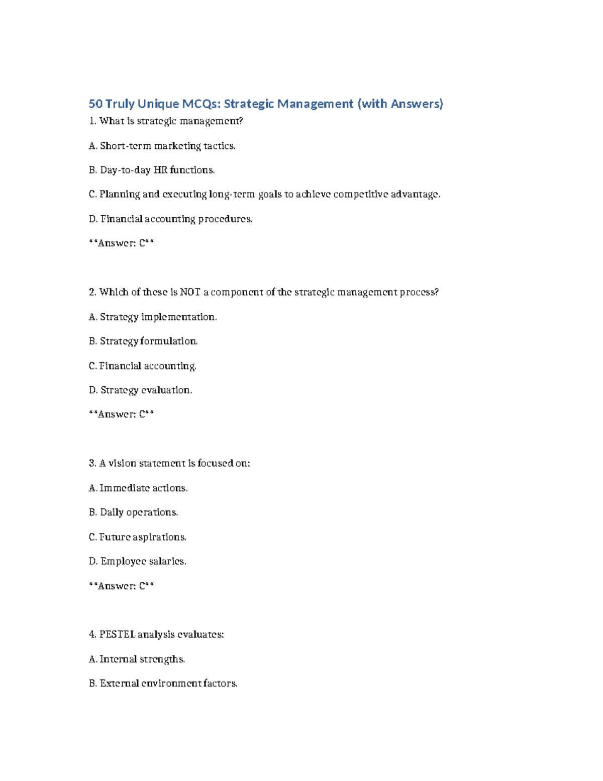 Strategic Management 50 Unique MCQs: Final Exam Review - Studocu
