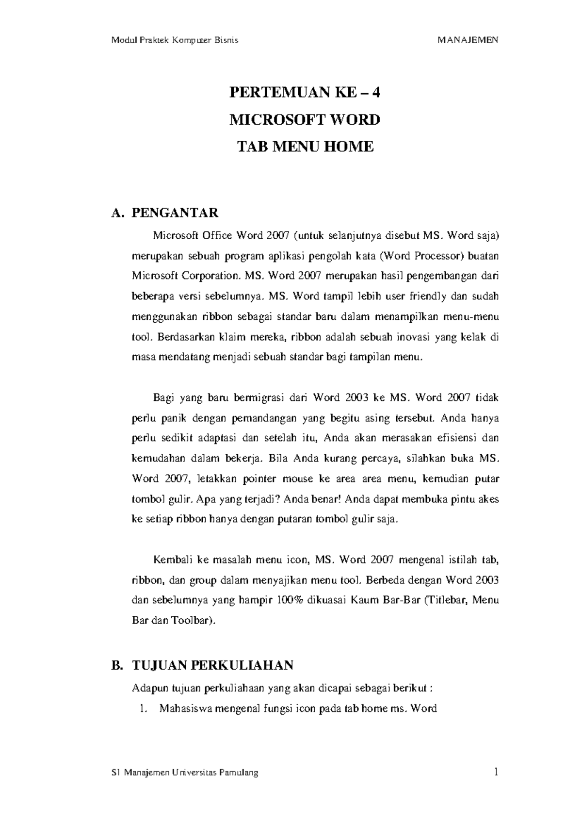 Pertemuan KE-4 Microsoft Word Tab Menu - Modul Praktek Komputer Bisnis ...