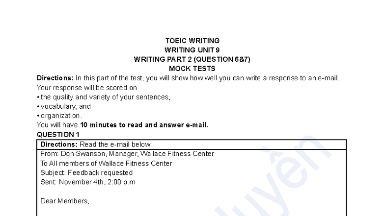 Toeic Writing PART 2 Questions - TOEIC WRITING WRITING UNIT 9 WRITING ...