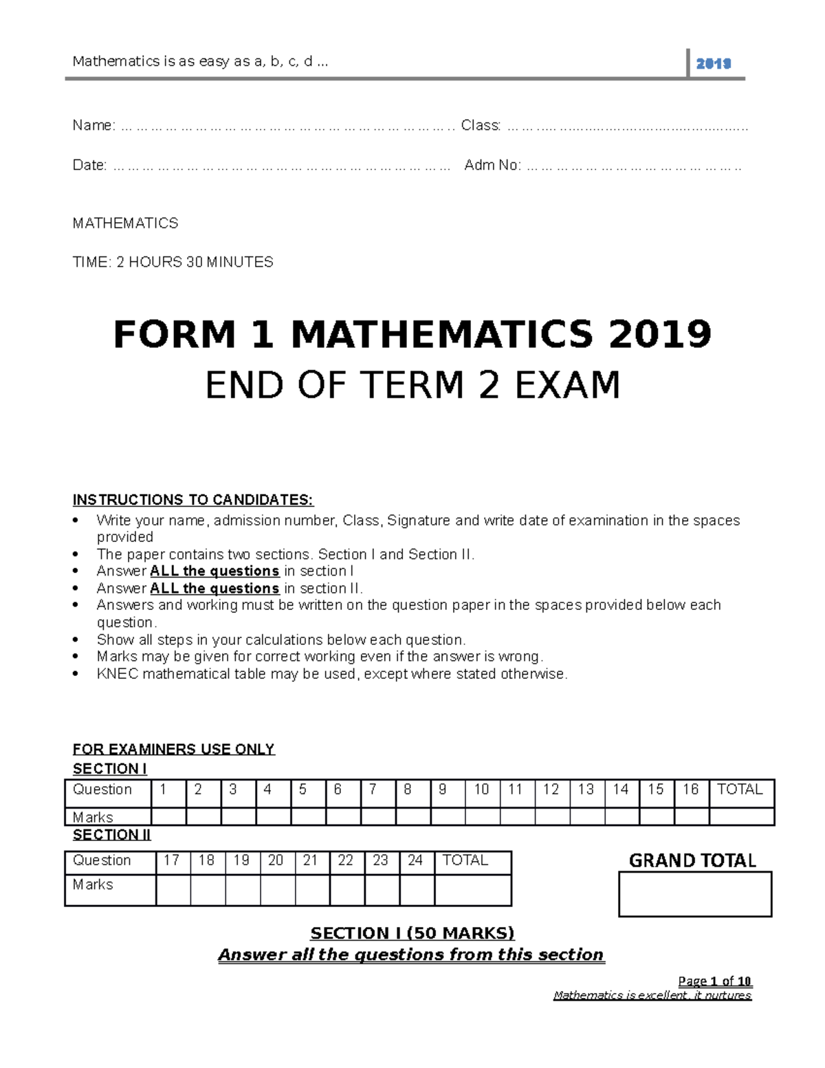 Form 1 Mathematics End of Term 2 Exam QP Set 2 - 2019 - Studocu