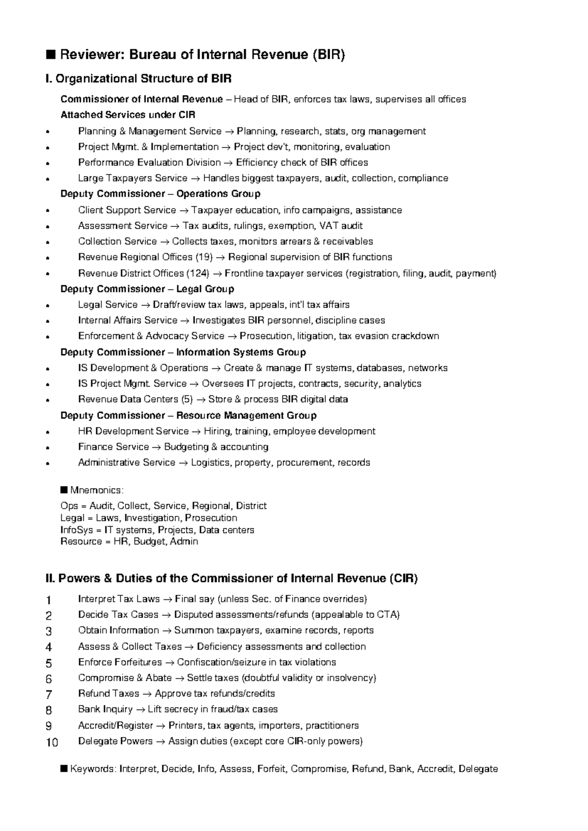 BIR Reviewer: Organizational Structure & Powers of the Commissioner ...