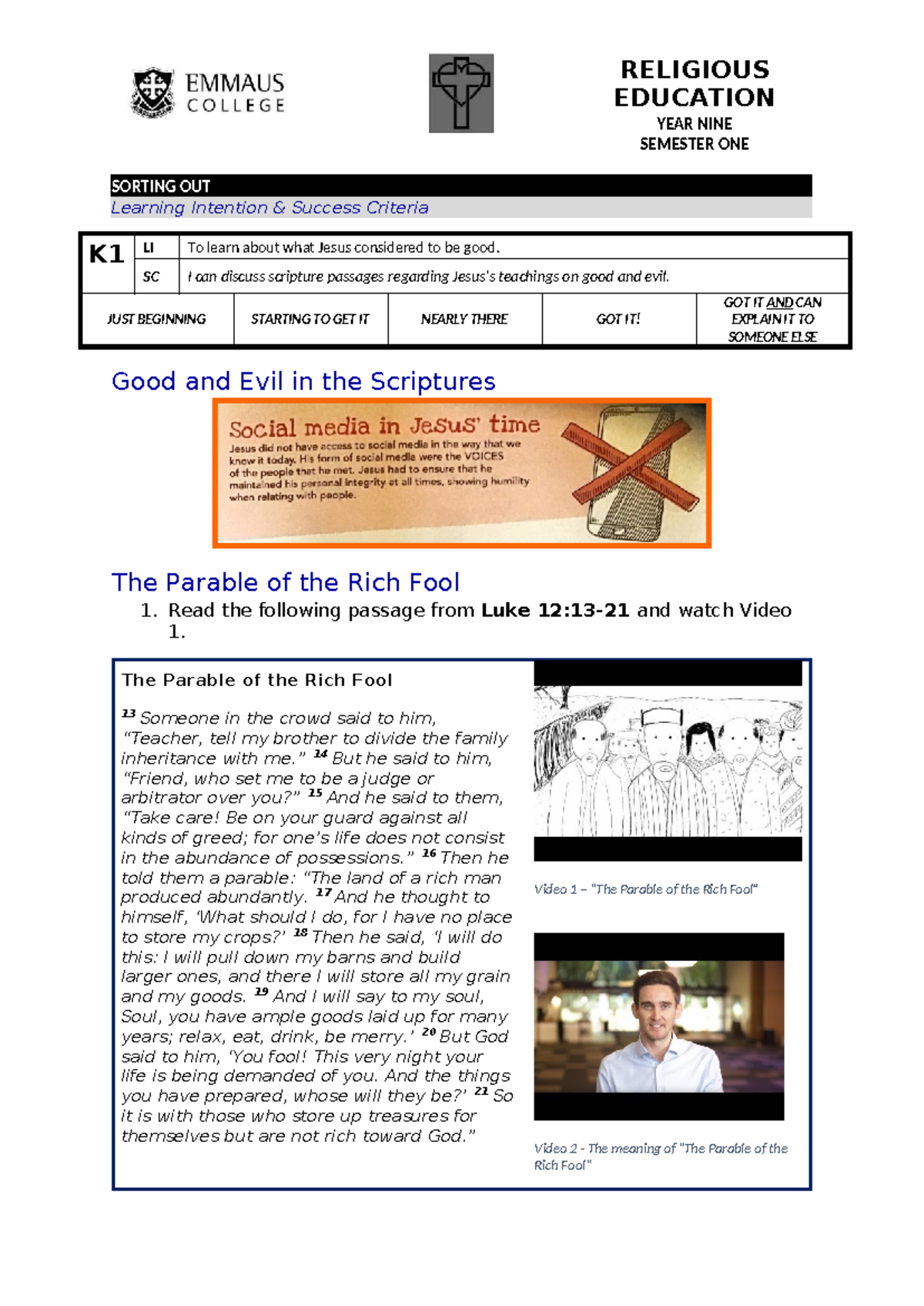 RE9 Semester 1: Good and Evil in the New Testament Parables Worksheet ...