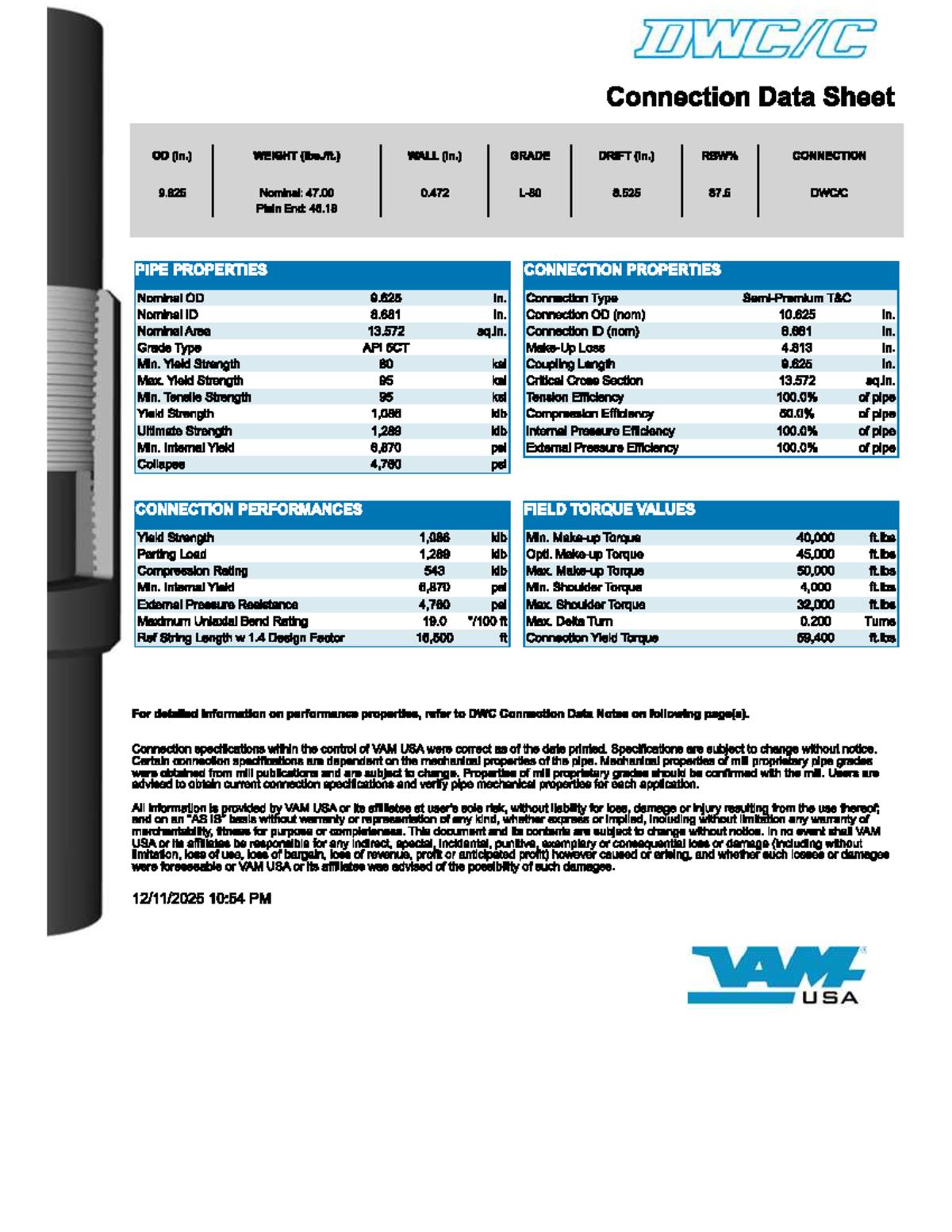 Connection Data Sheet DWC 9.625 in. Specifications and Performance ...