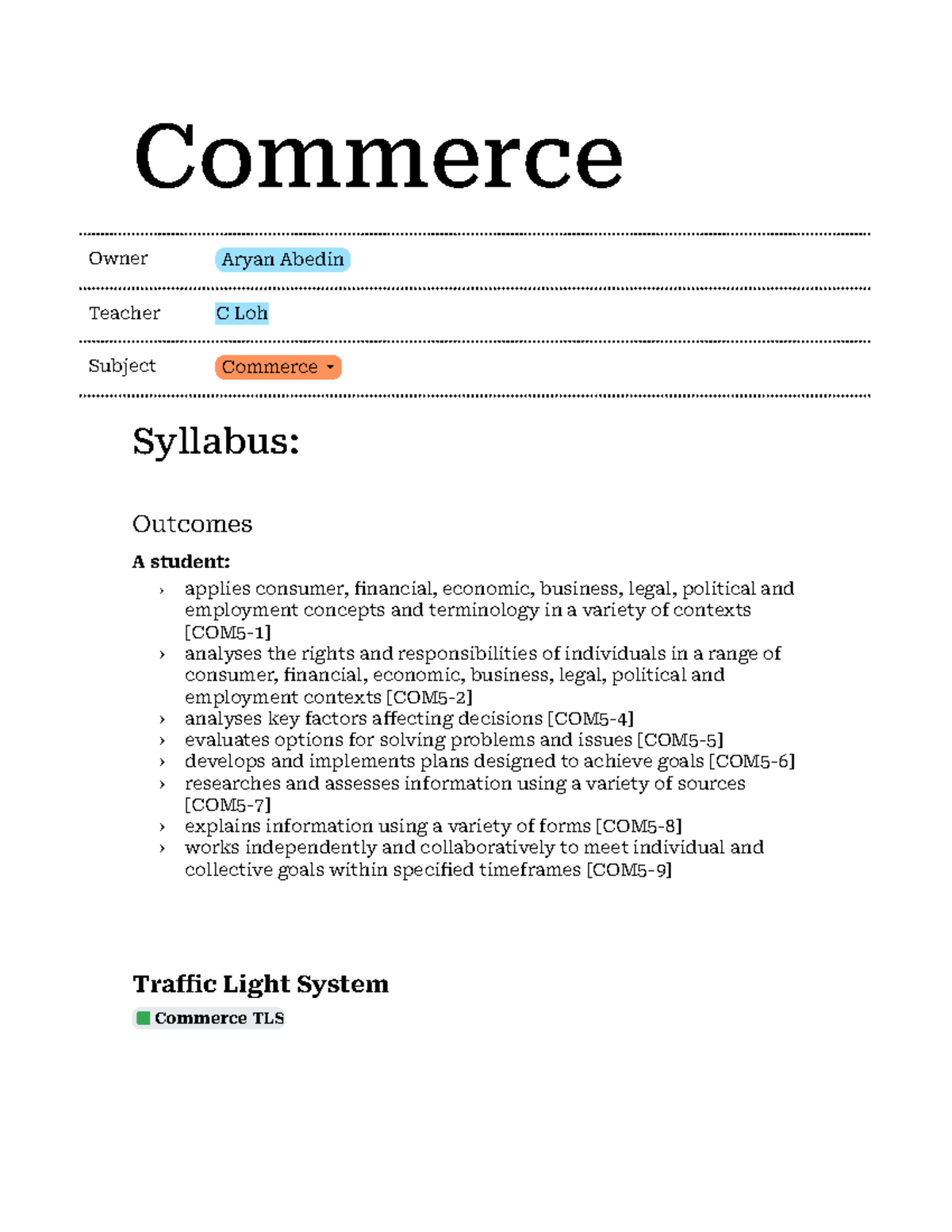 Commerce Syllabus and Key Concepts Overview - Studocu
