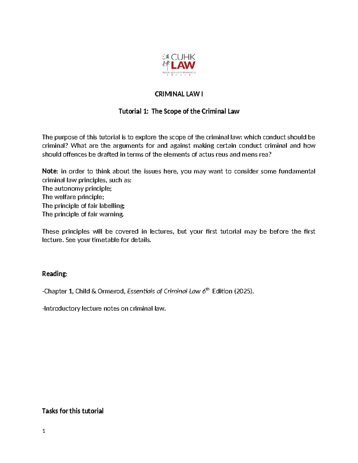 CRIMINAL LAW I Tutorial 1: Exploring Criminal Law Scope and Principles ...