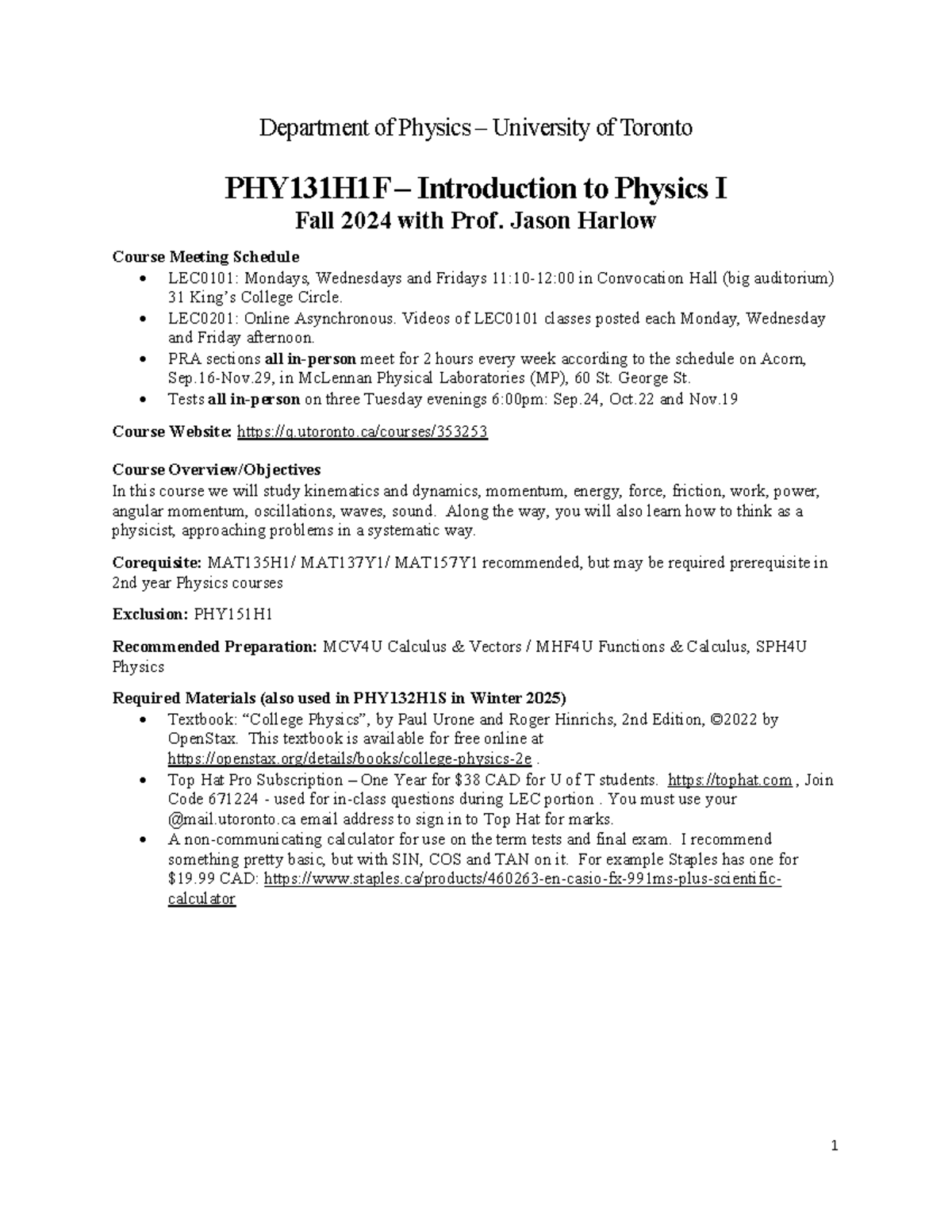 PHY131H1F Syllabus for Intro to Physics I - Fall 2024 Guide - Studocu