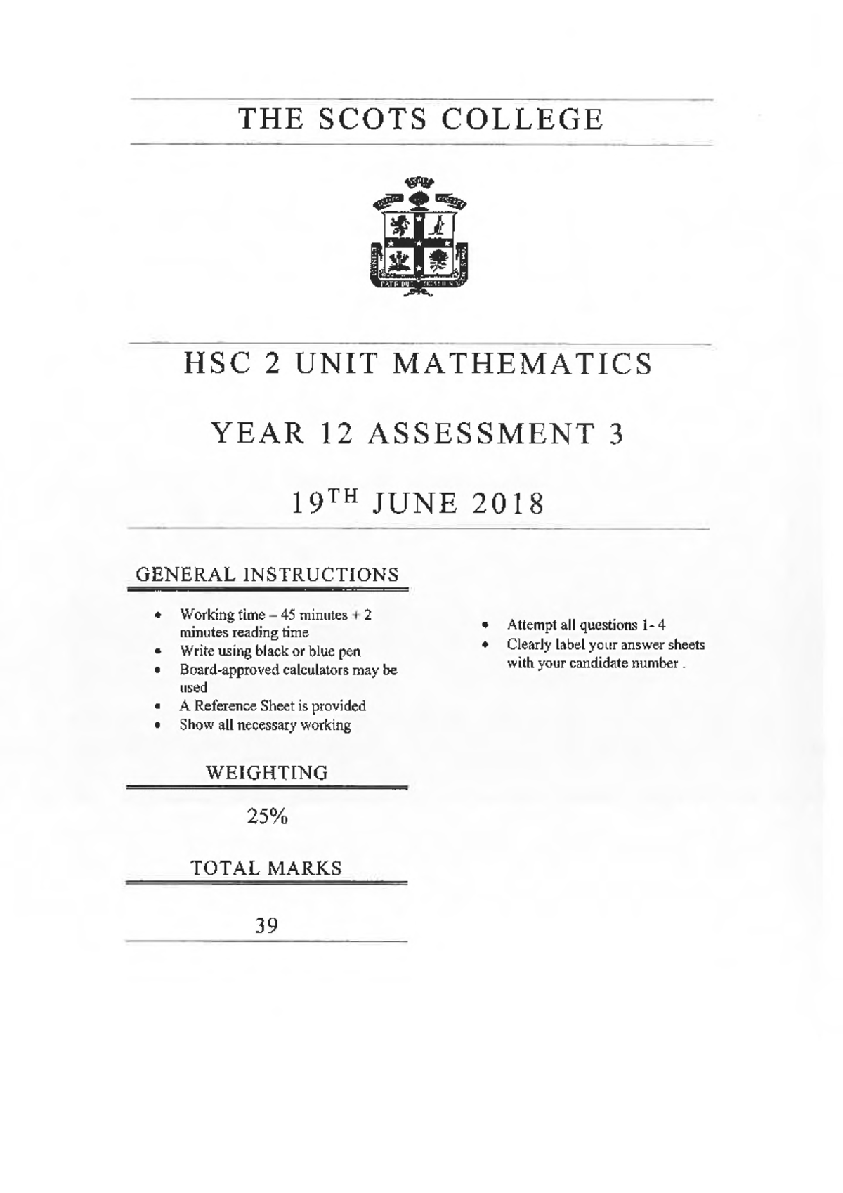 Scots College HSC 2U Mathematics Assessment 3 Solutions 2018 - Studocu