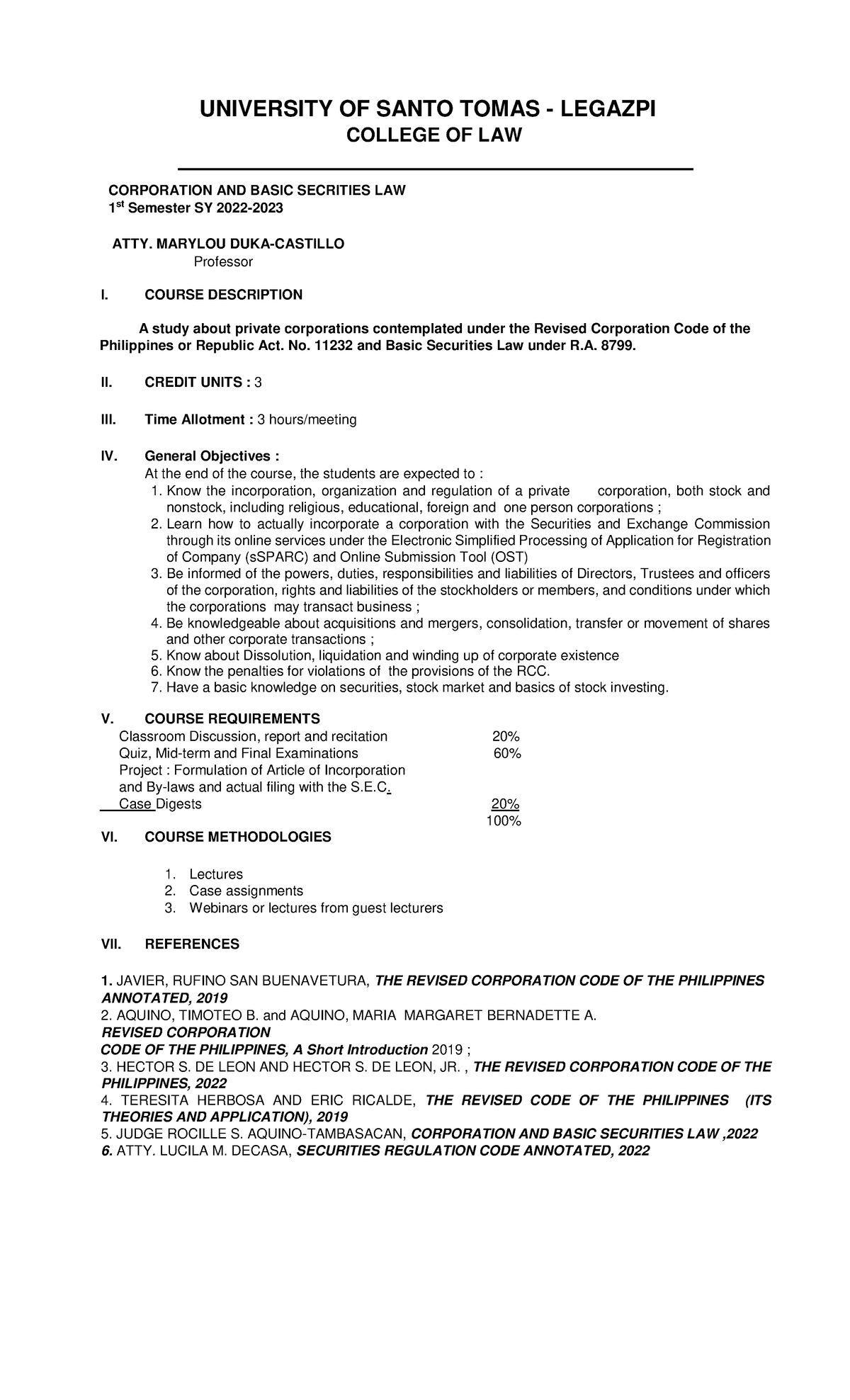 UST L Corp Law Syllabus: Course Outline and Objectives for 1st Sem 2022 ...
