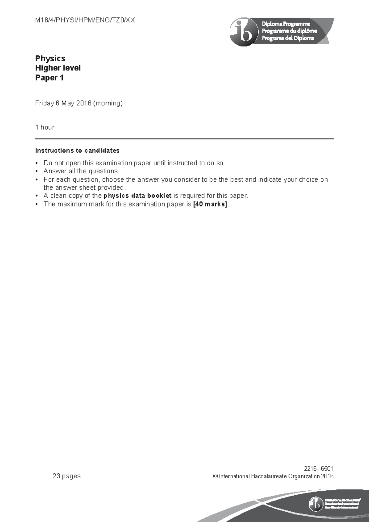 Physics HL Paper 1 Exam - May 6, 2016 (Morning Session) - Studocu