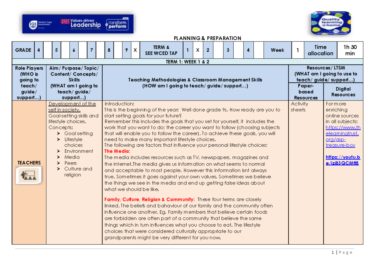 Lesson Plan Gr. 9 Life Orientation Term 1 Week 1 & 2 - PLANNING ...