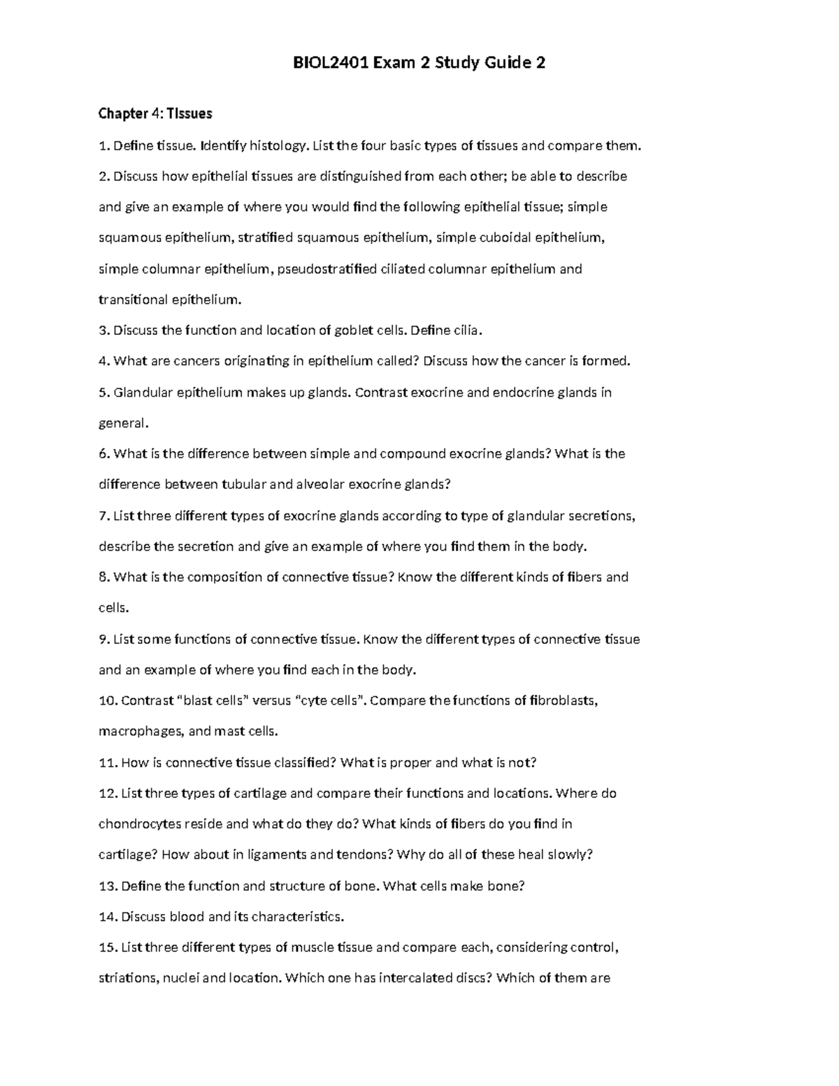 BIOL2401 Exam 2 Study Guide: Tissues & Integumentary System Overview ...