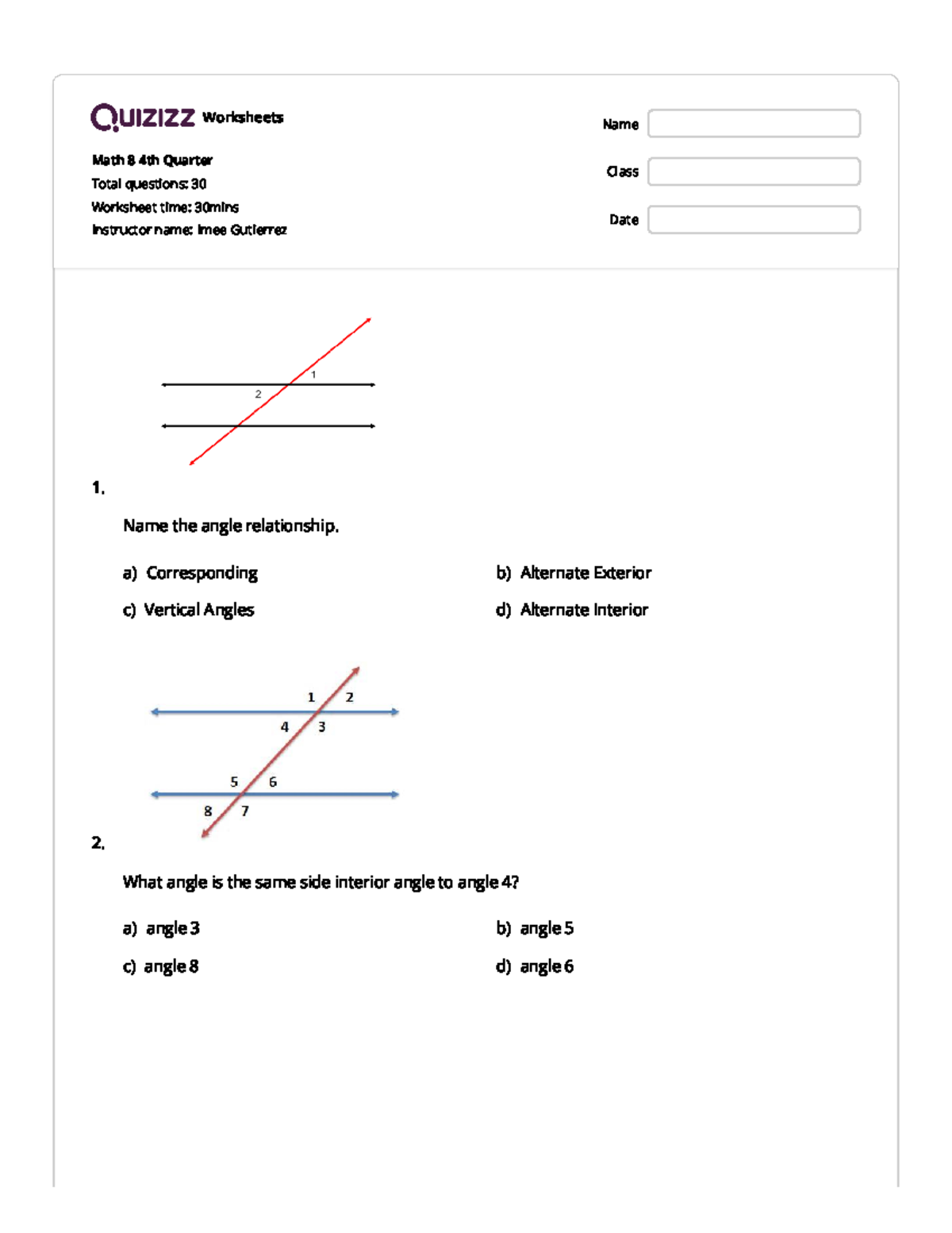 Math 8 4th Quarter Quizizz Review Worksheet - Studocu