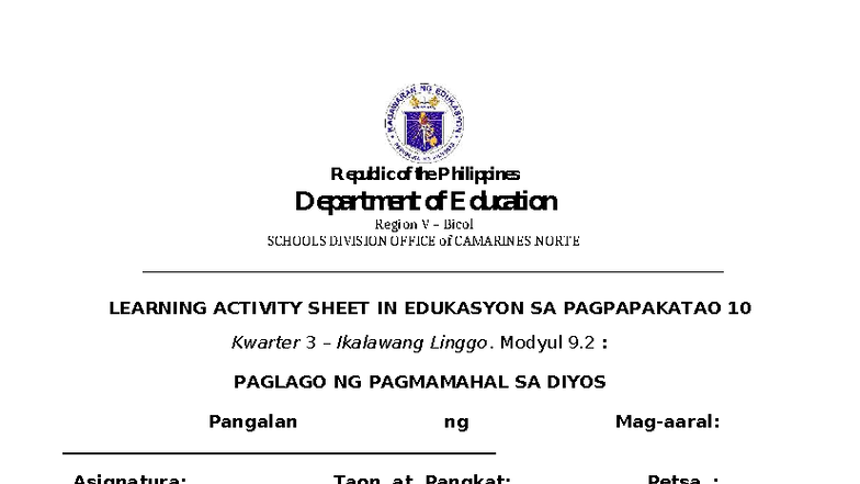 LAS-ESP10-Q3-W2: Paglago ng Pagmamahal sa Diyos - Studocu