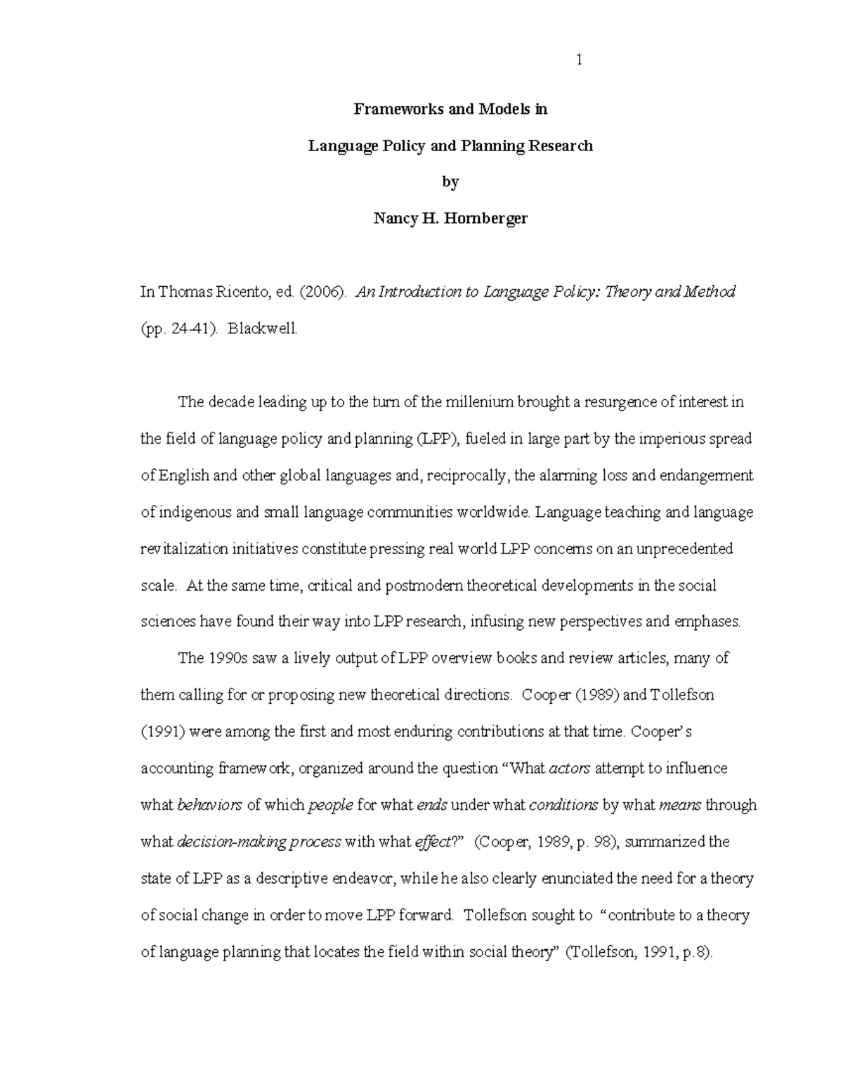 Frameworks and Models in Language Policy - Hornberger In Thomas Ricento ...