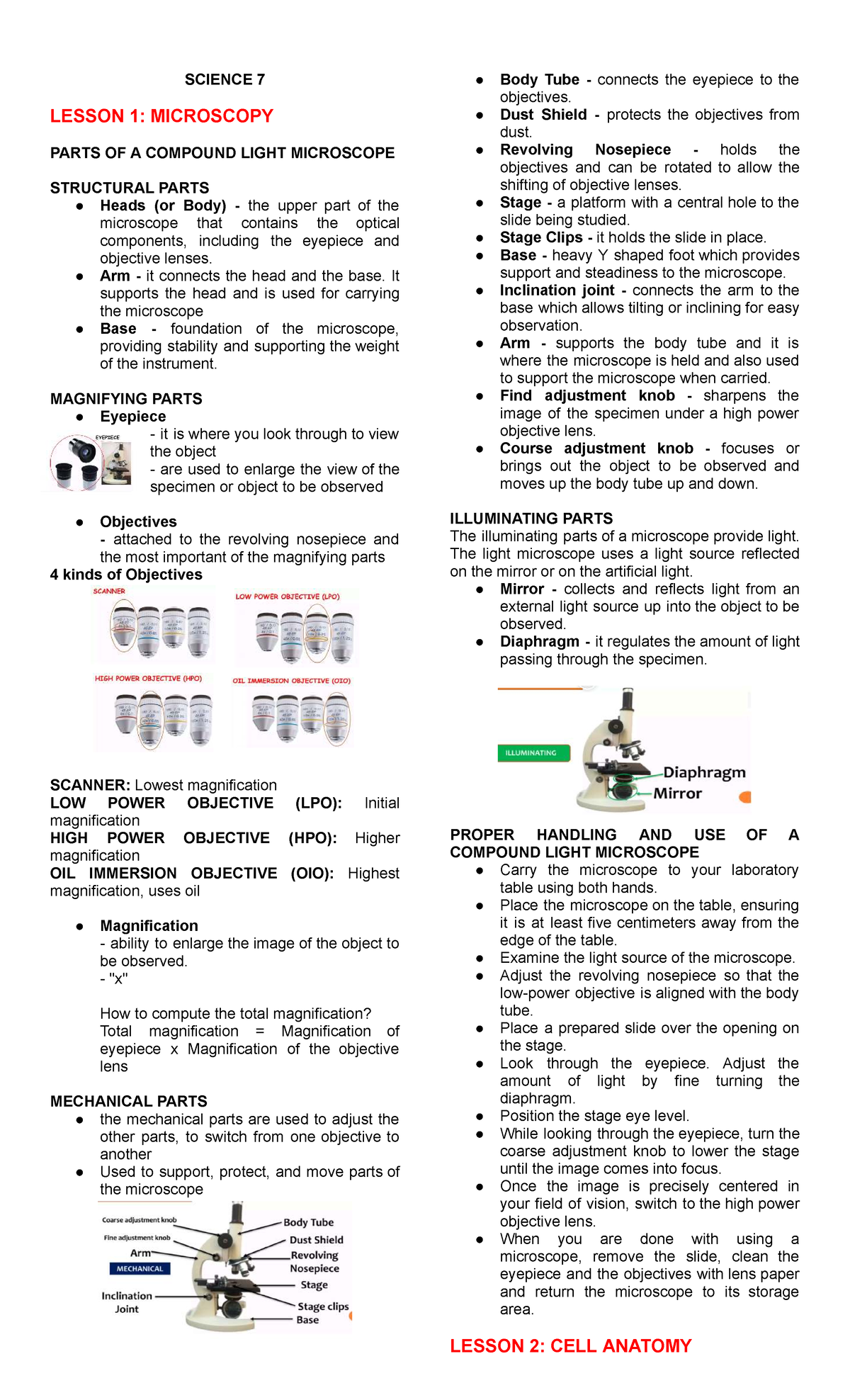 SCIENCE 7 LESSON NOTES: MICROSCOPY, CELL ANATOMY & ORGANISMS - Studocu
