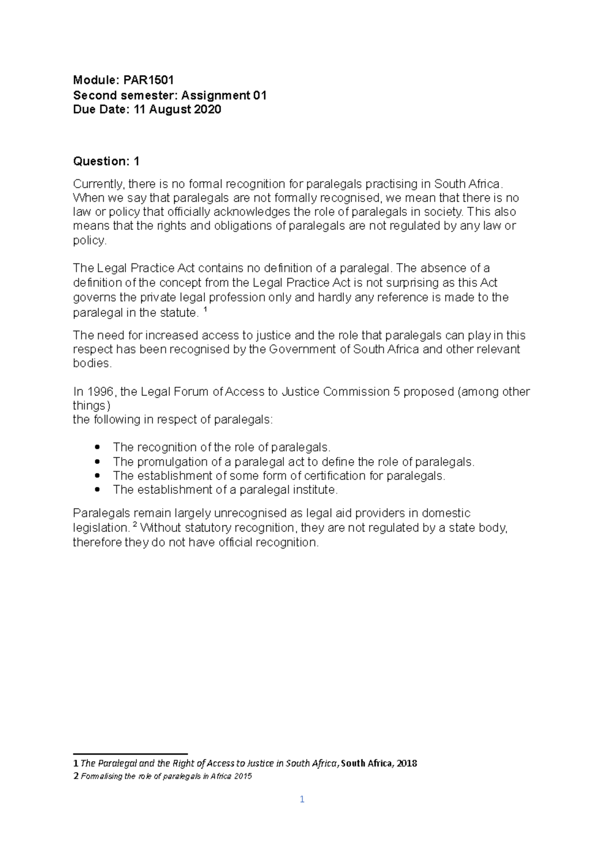 PAR1501 Assignment 01: The Role and Recognition of Paralegals in SA ...