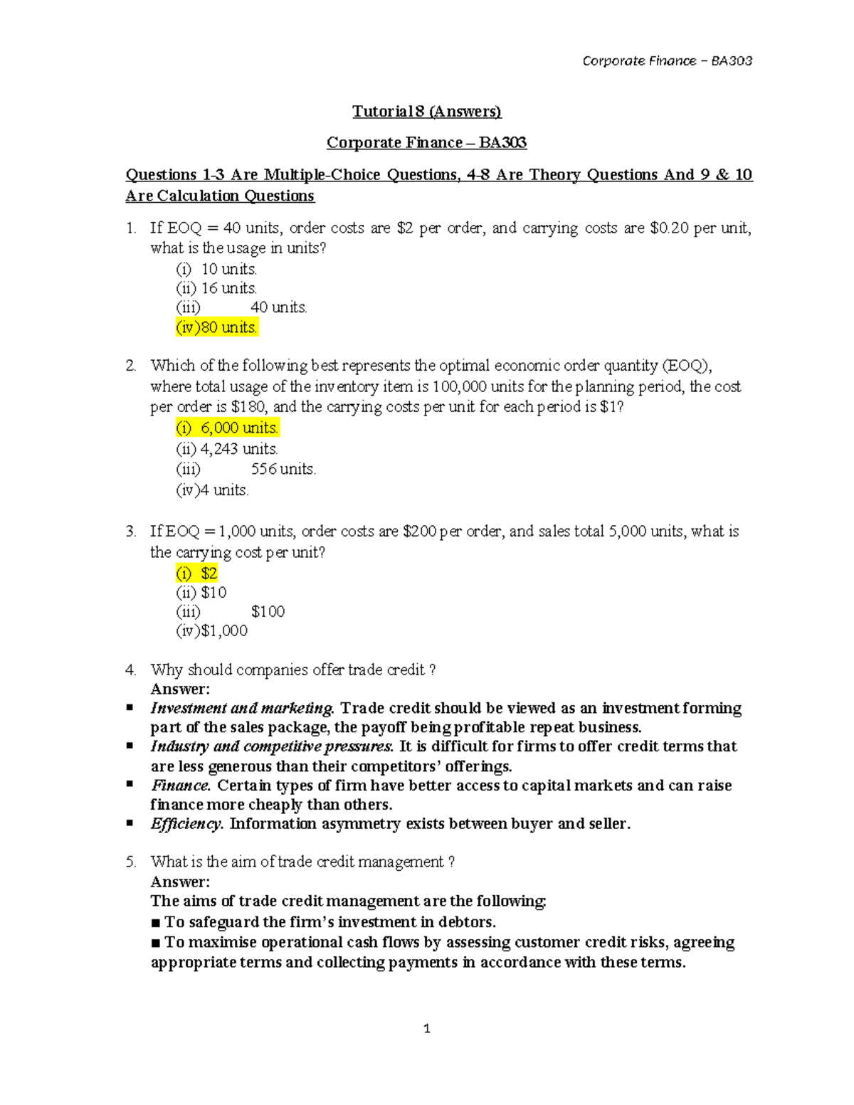 CHAP 8 tutorial answer just give me the freaking premium - Corporate ...