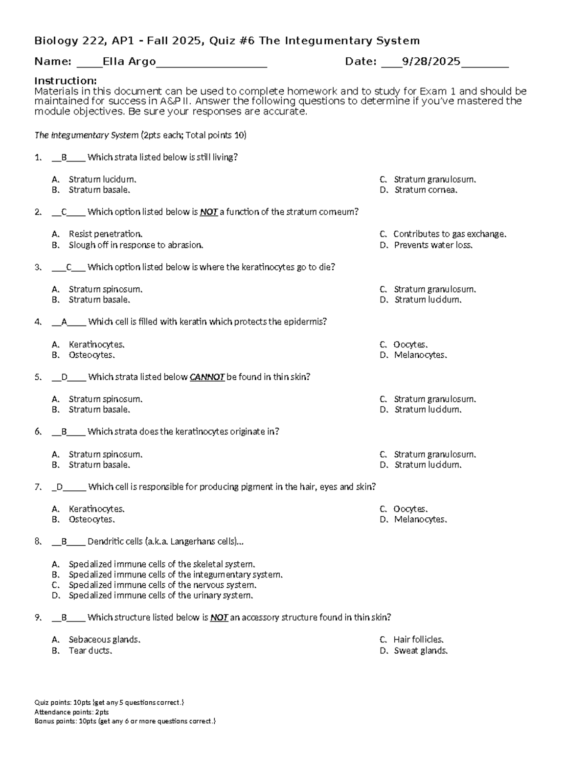 Biology 222, AP1 - Fall 2025 Quiz #6: The Integumentary System - Studocu