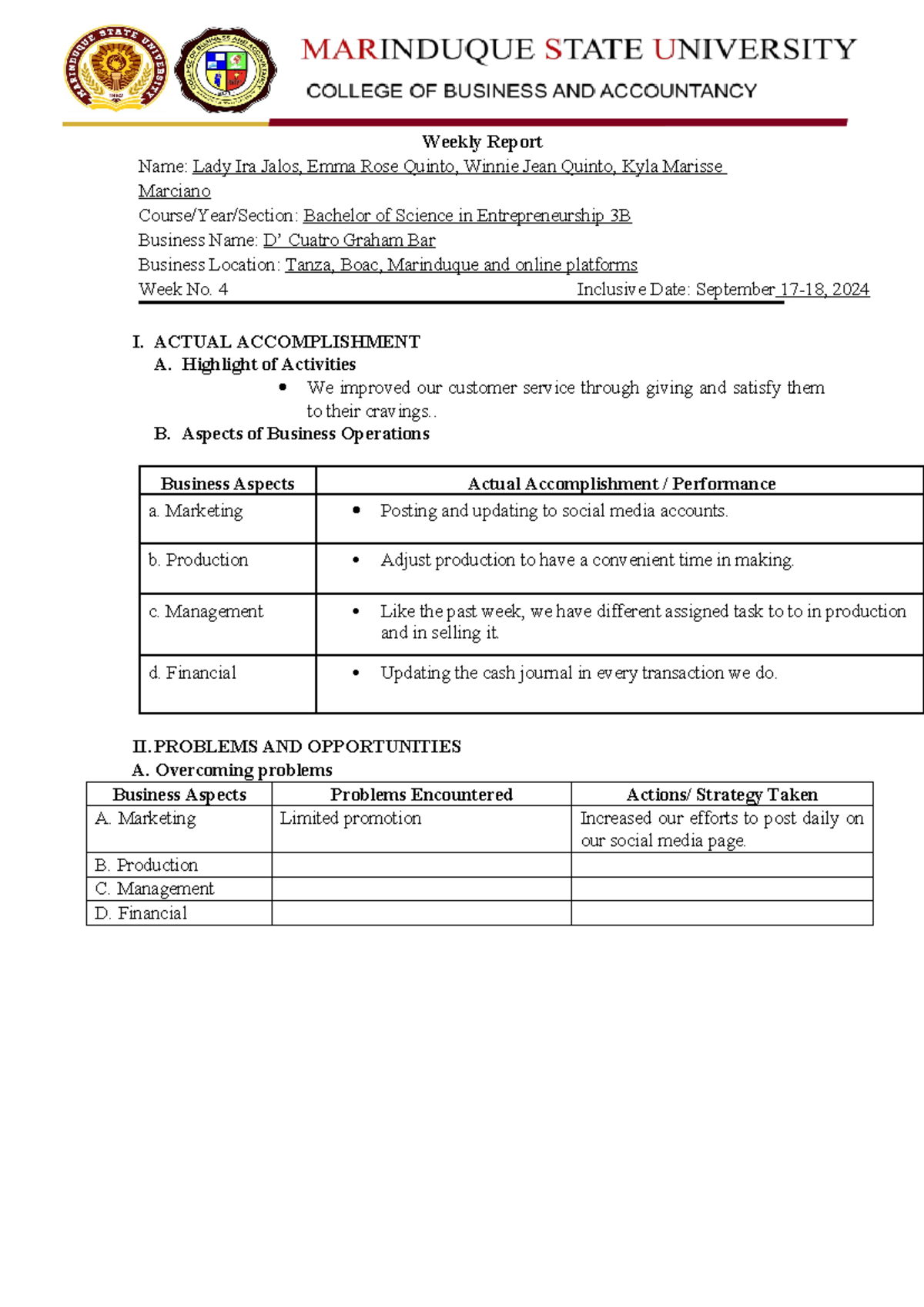 Weekly Report (Week 4) - sacscsdccs - Weekly Report Name: Lady Ira ...