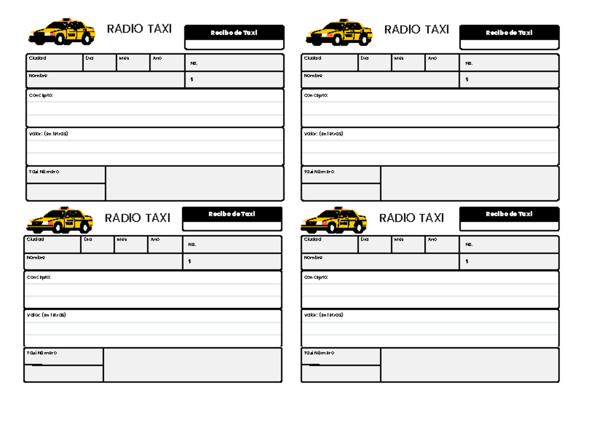 Recibos DE TAXI - TAXI - Recibo de Taxi No. $ Ciudad Nombre Valor: (en ...