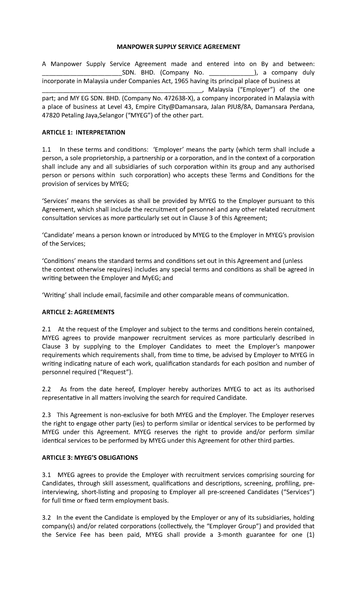 Manpower Supply Service Agreement - BHD. (Company No. _____________), a ...