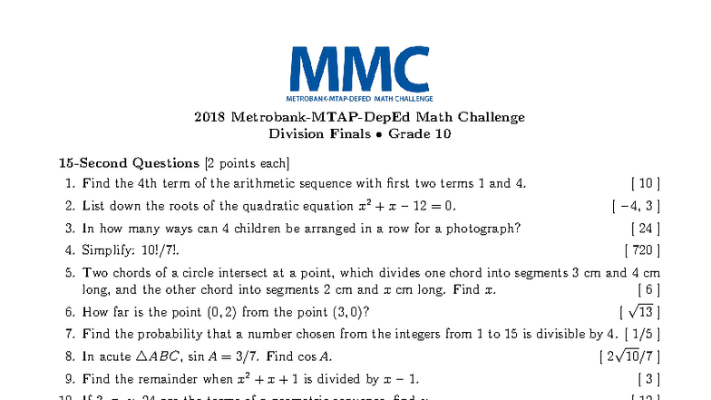 MMC Grade 10 Math Challenge Division Finals Questions - Studocu