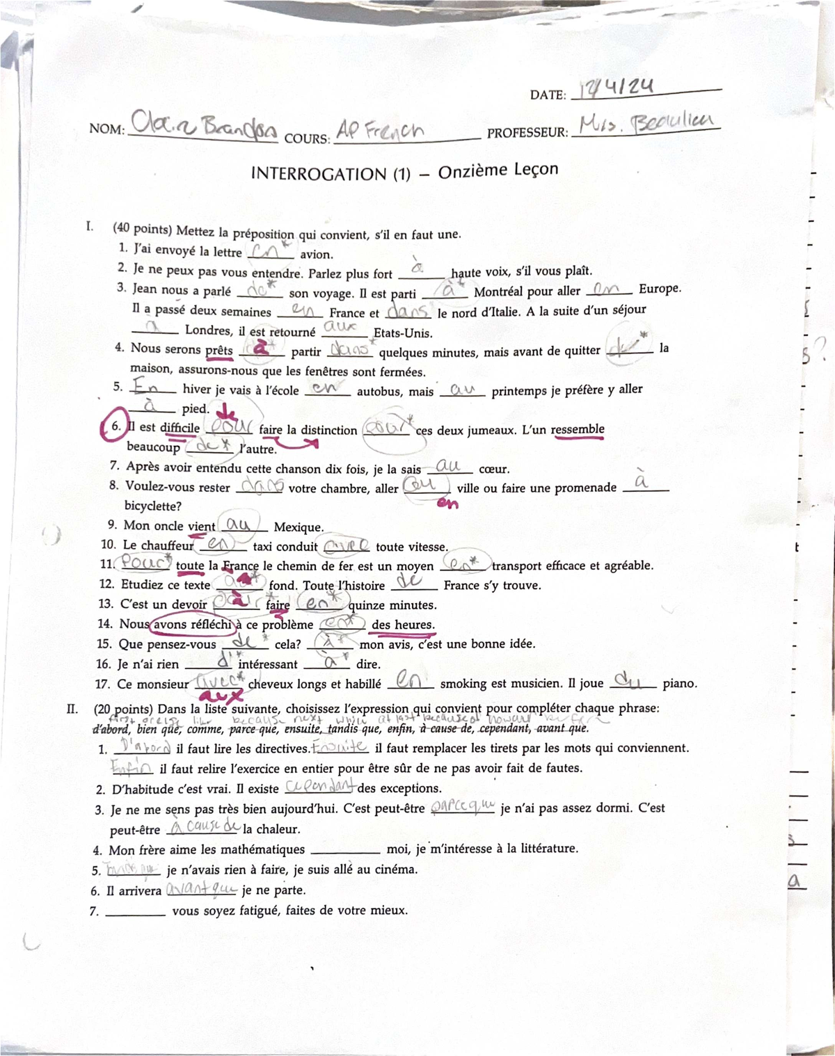 AP French Quiz: Prépositions et Compléments - Leçon 11 - Studocu