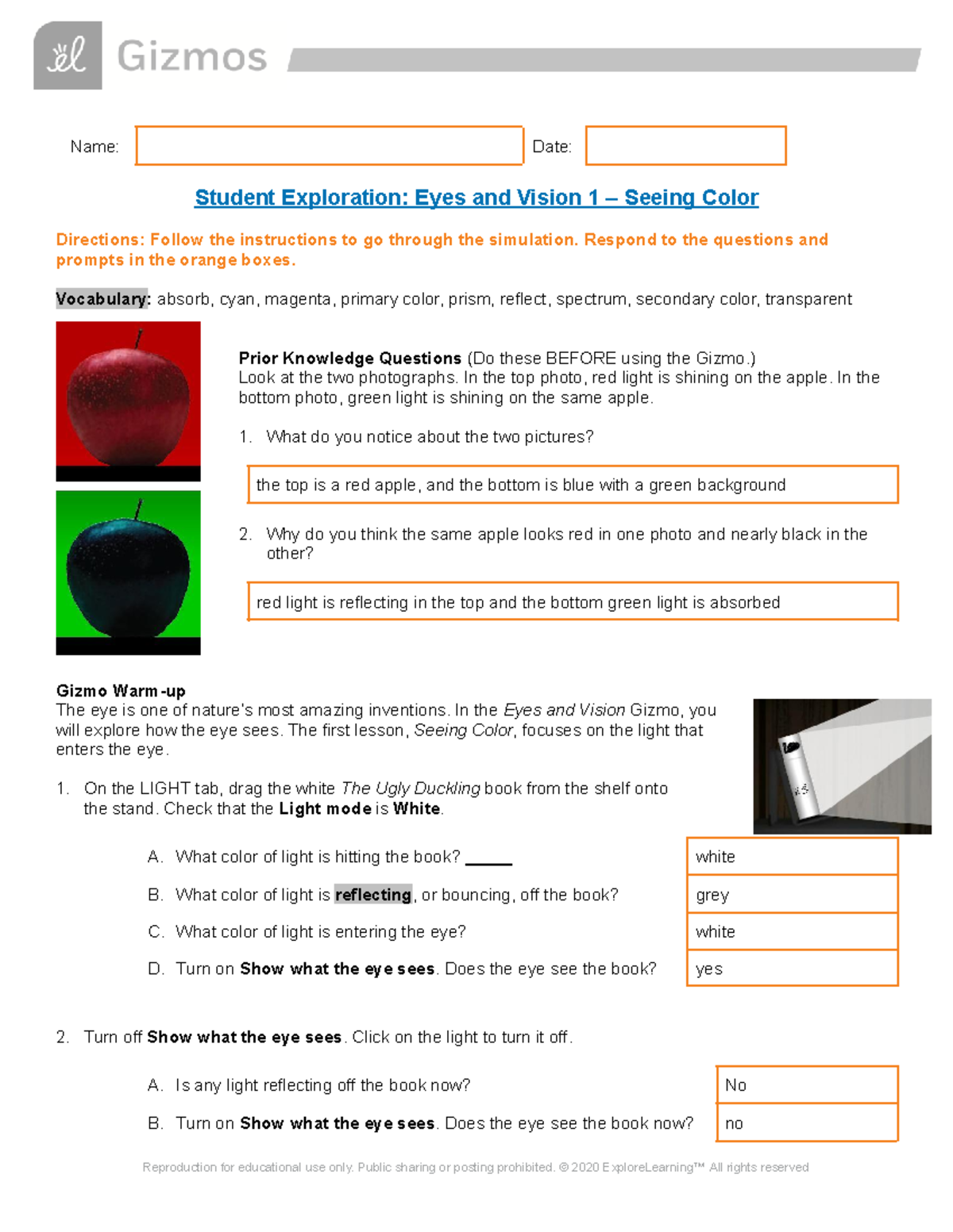Seeing Colors: Gizmos Exploration A & B - Eyes and Vision Study Guide ...