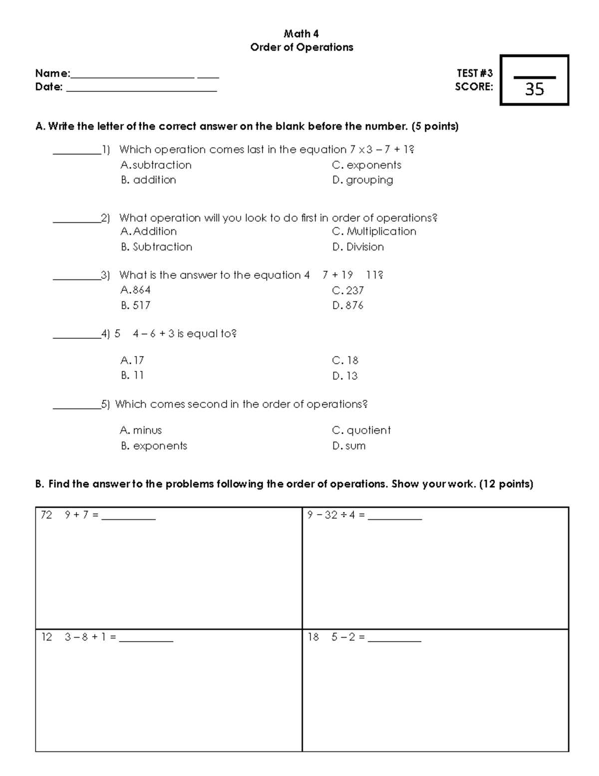 Math 4 Order of Operations Test - Score: 35/100 - Studocu