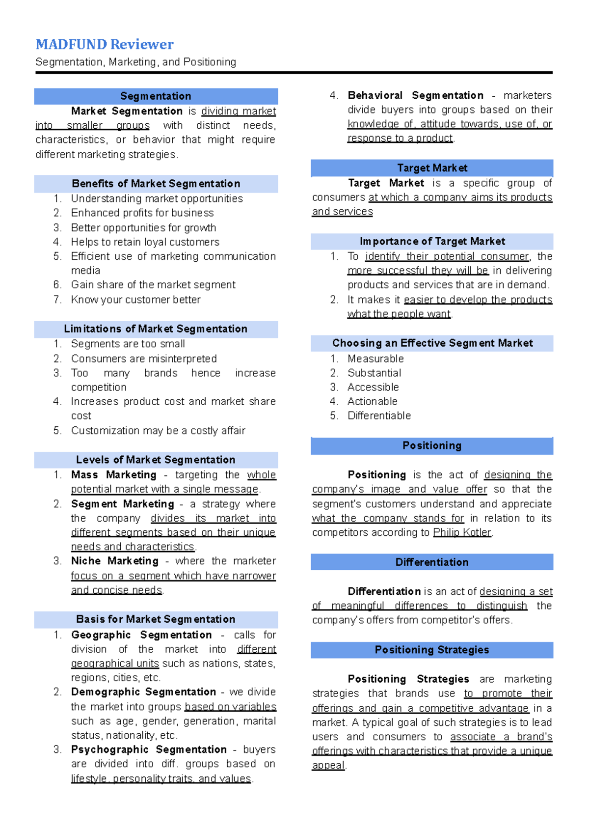 MADFUND: Market Segmentation, Targeting, and Positioning Overview - Studocu