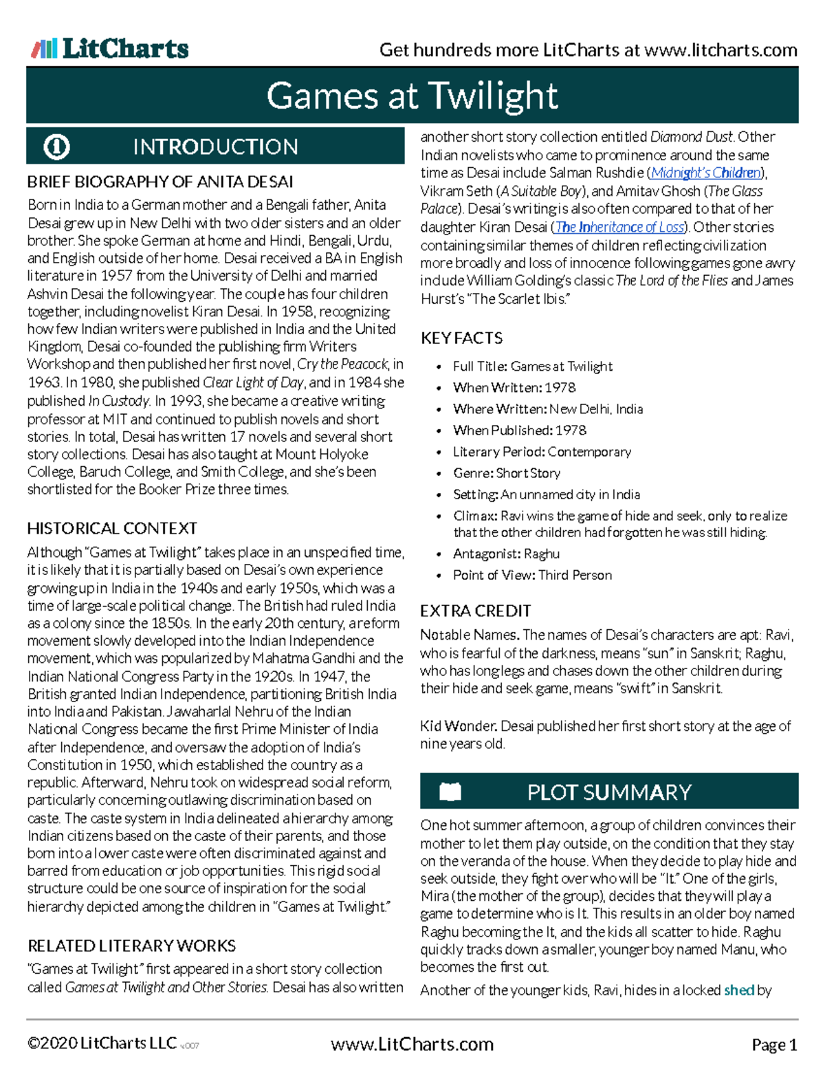 Anita Desai's Games at Twilight: Lit Chart Analysis and Insights - Studocu